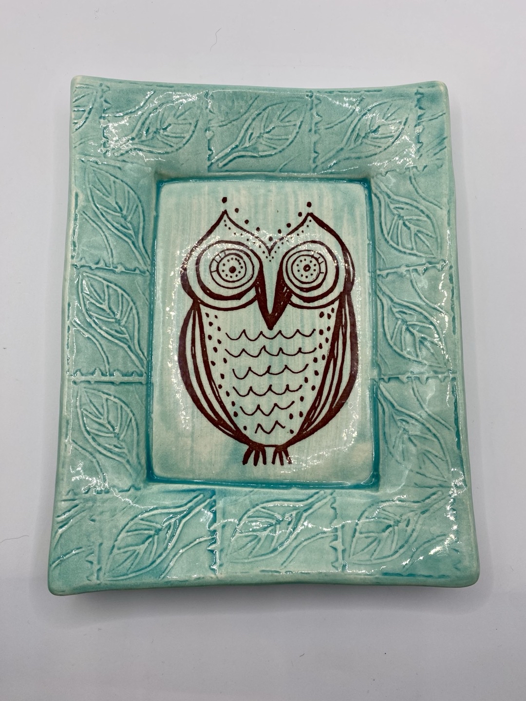 Signed Oerth Studio, Turquoise Wise Owl Tray with Leaves, 5" x 6.5 ...