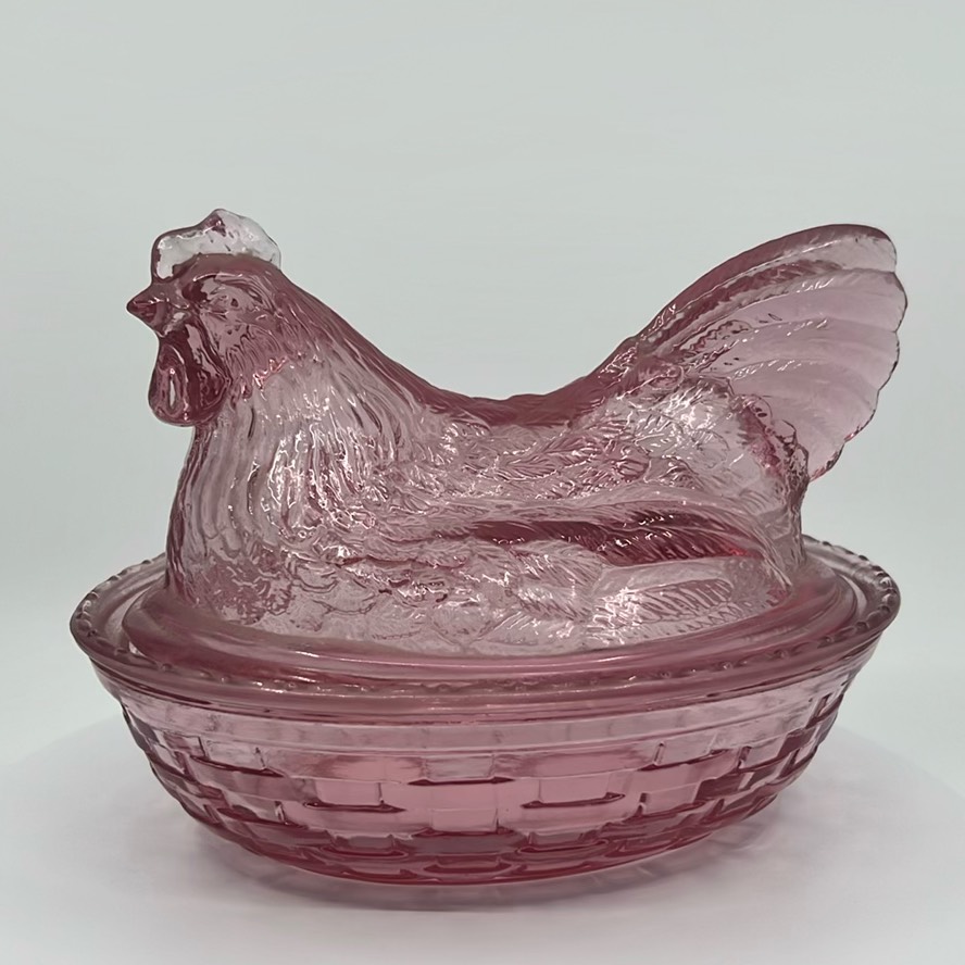 Vintage Longaberger Pink Glass Hen on Nest Large 7.5"