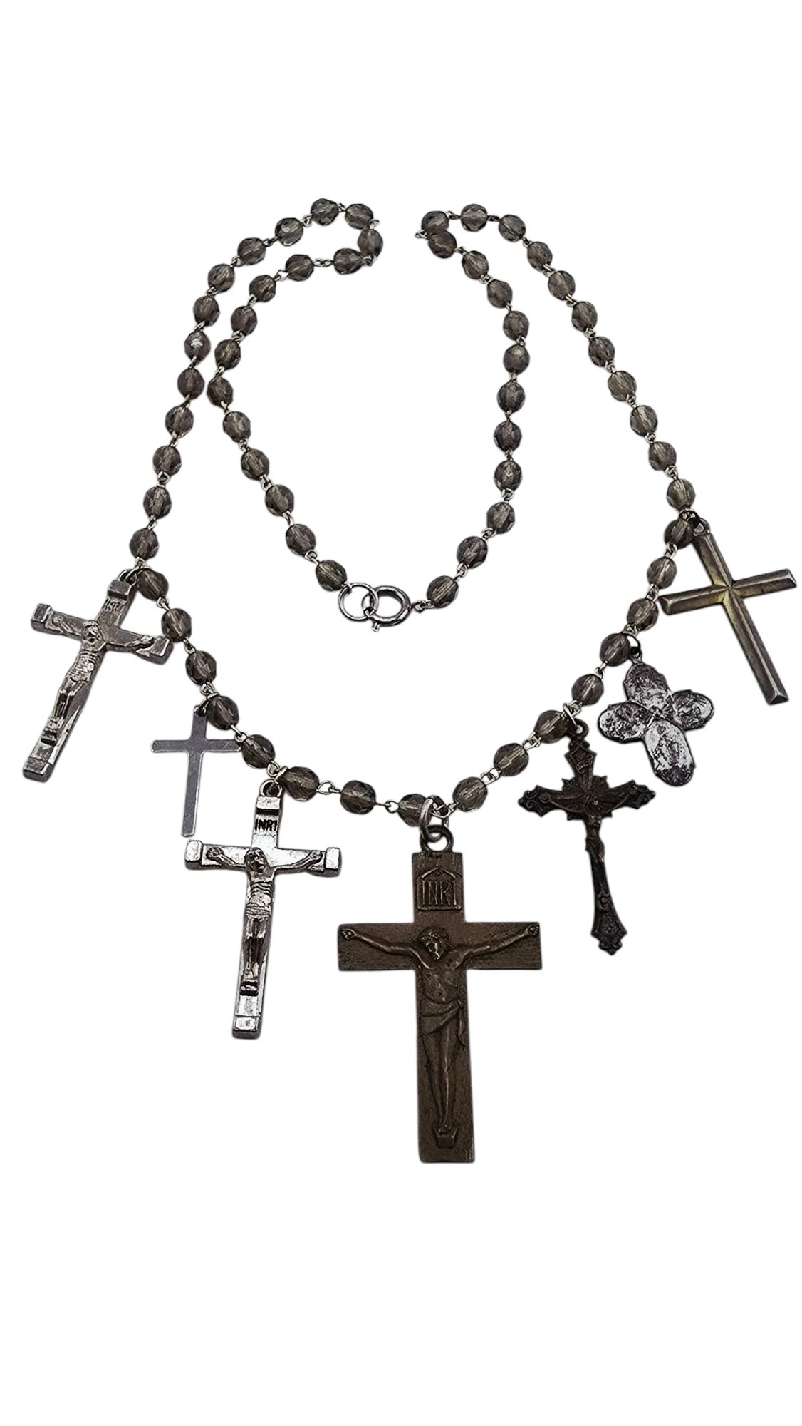 Vintage Multi Cross Charm & Crystal Rosary Necklace (A8655)