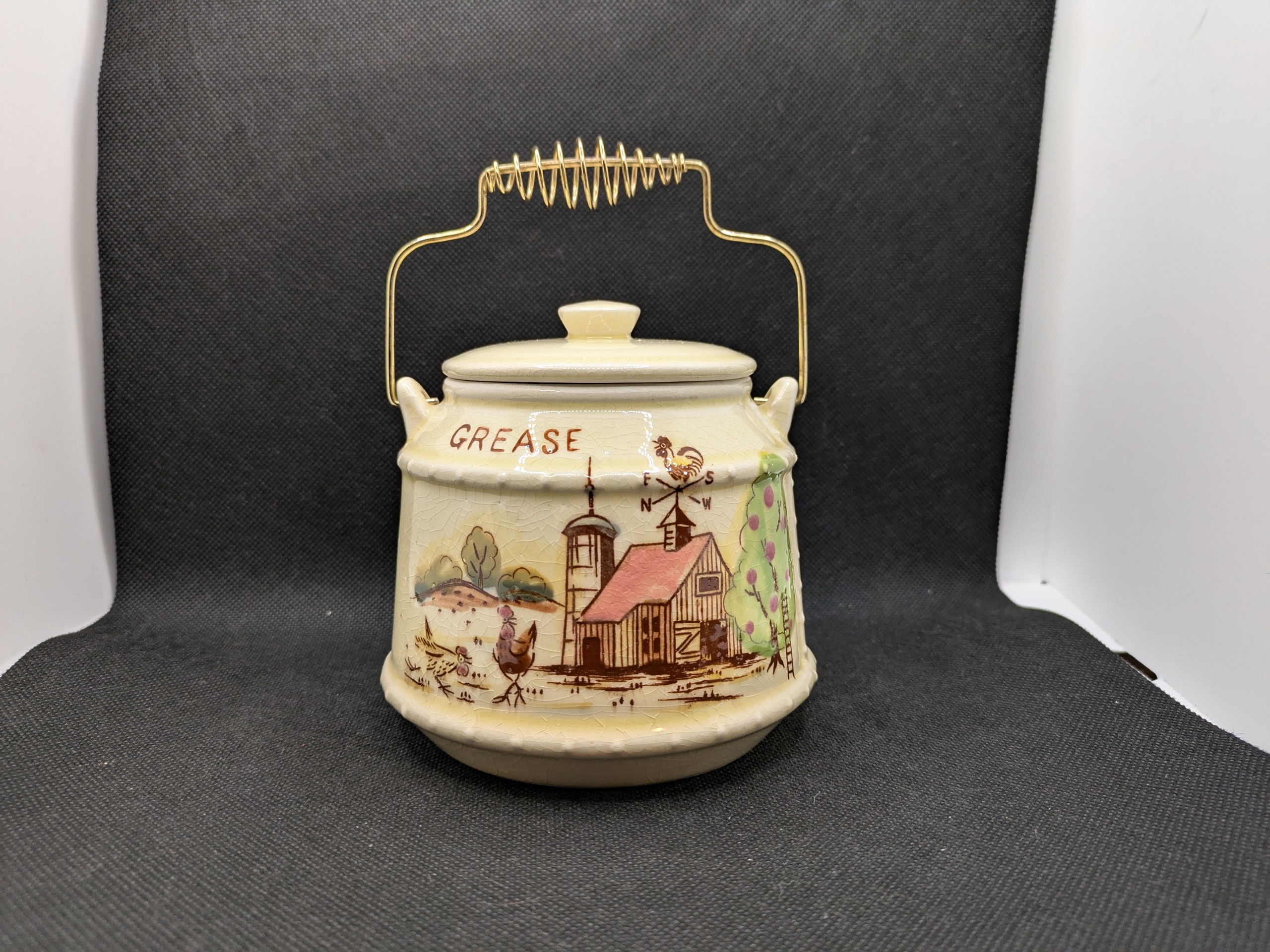 Antique Tilson Japan Grease Pot with Spiral Handle Farm Scene