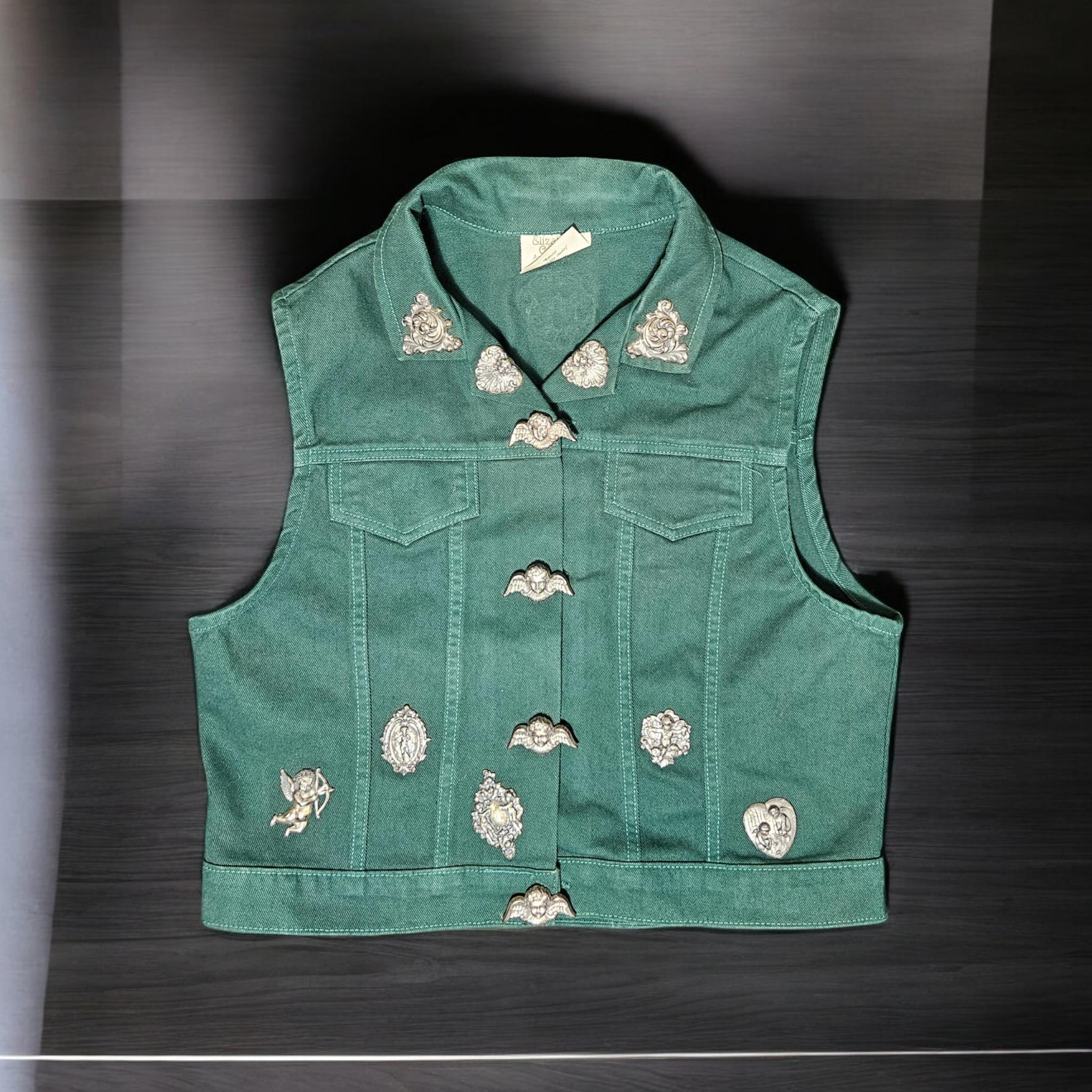 Vintage Elizabeth Collier And Company Green Denim Vest Metallic Angels ...