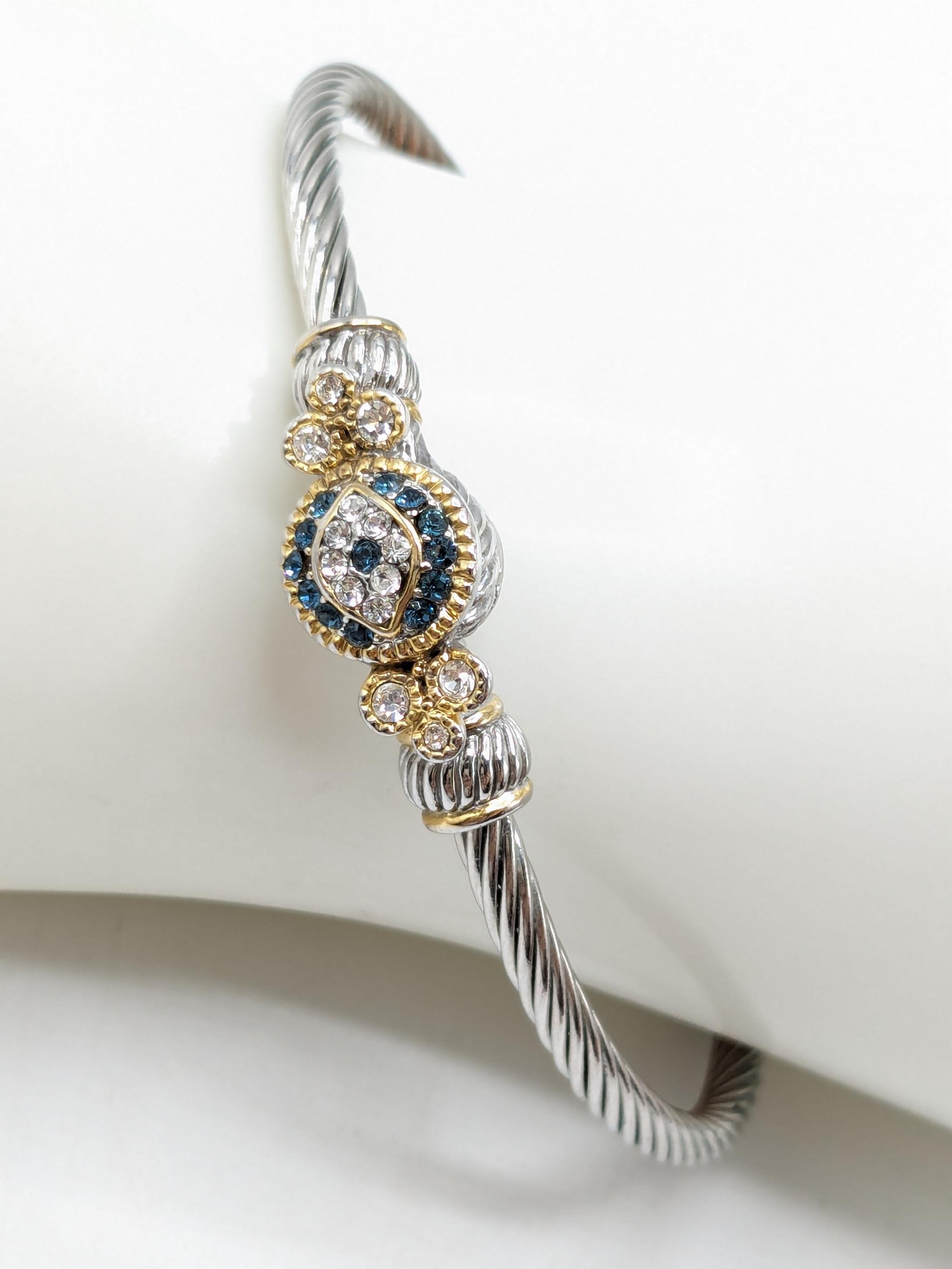 Evil Eye Twisted Cable Bangle Bracelet Blue Rhinestones Silver Gold Tone