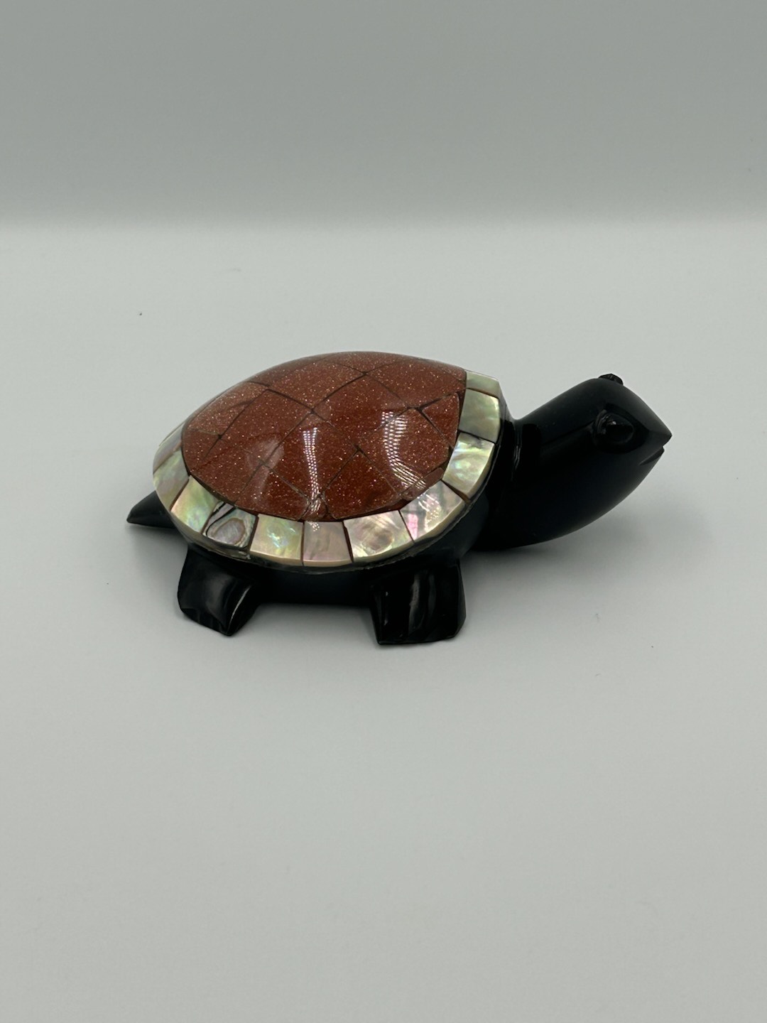 Obsidian Turtle Figurine Stone Inlaid Goldstone & Mother Of Pearl Shell