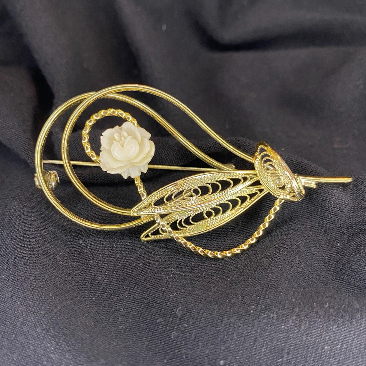 Gold-toned Filigree & Carved Rose Brooch