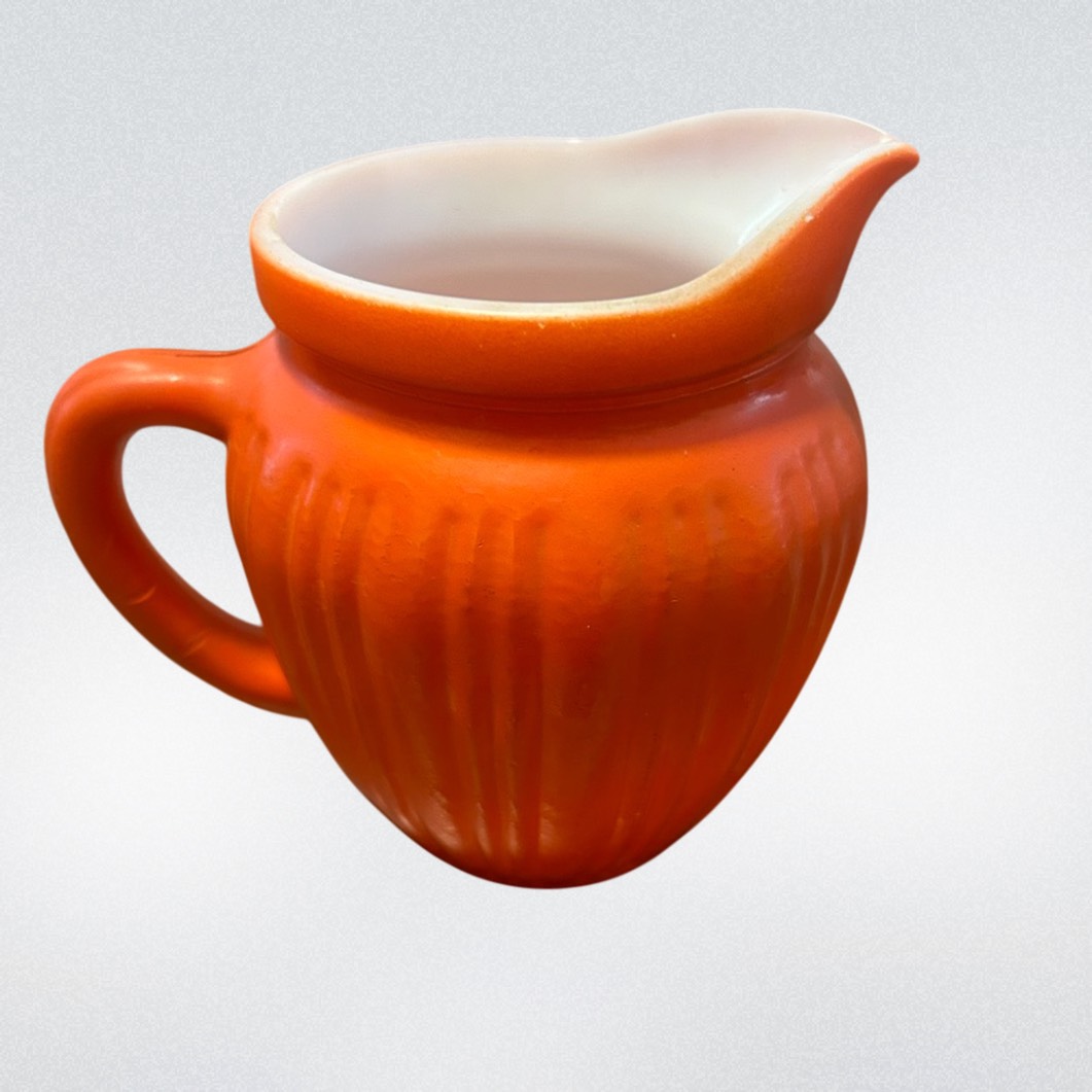 Vintage cream pitcher Orange fired on paint white milk glass ribbed ...