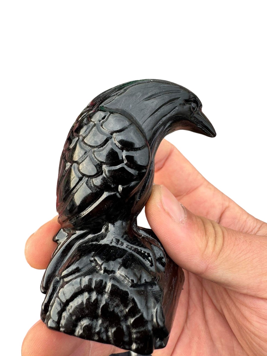 Black Obsidian Carved Crow On A Log Figurine