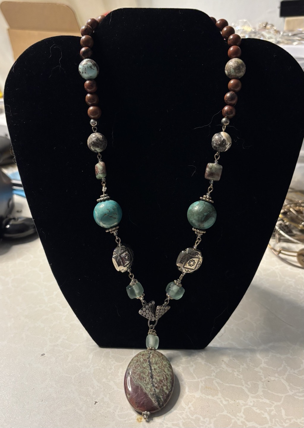 Artisan Made Bohemian Natural Stone Necklace with Sterling Closure