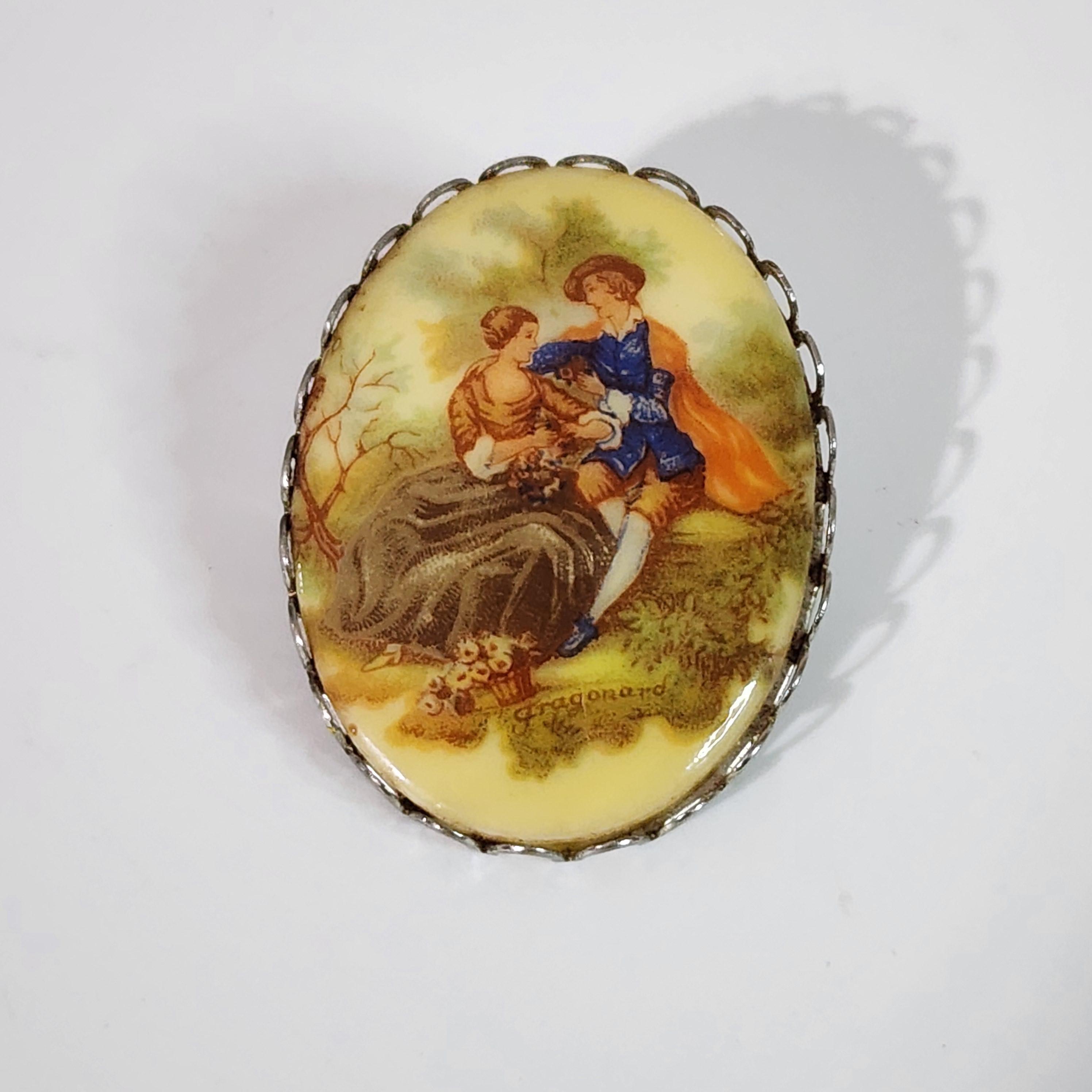 Vintage Fragonard Courting Couple Transfer Image Brooch Pin Silver Tone ...