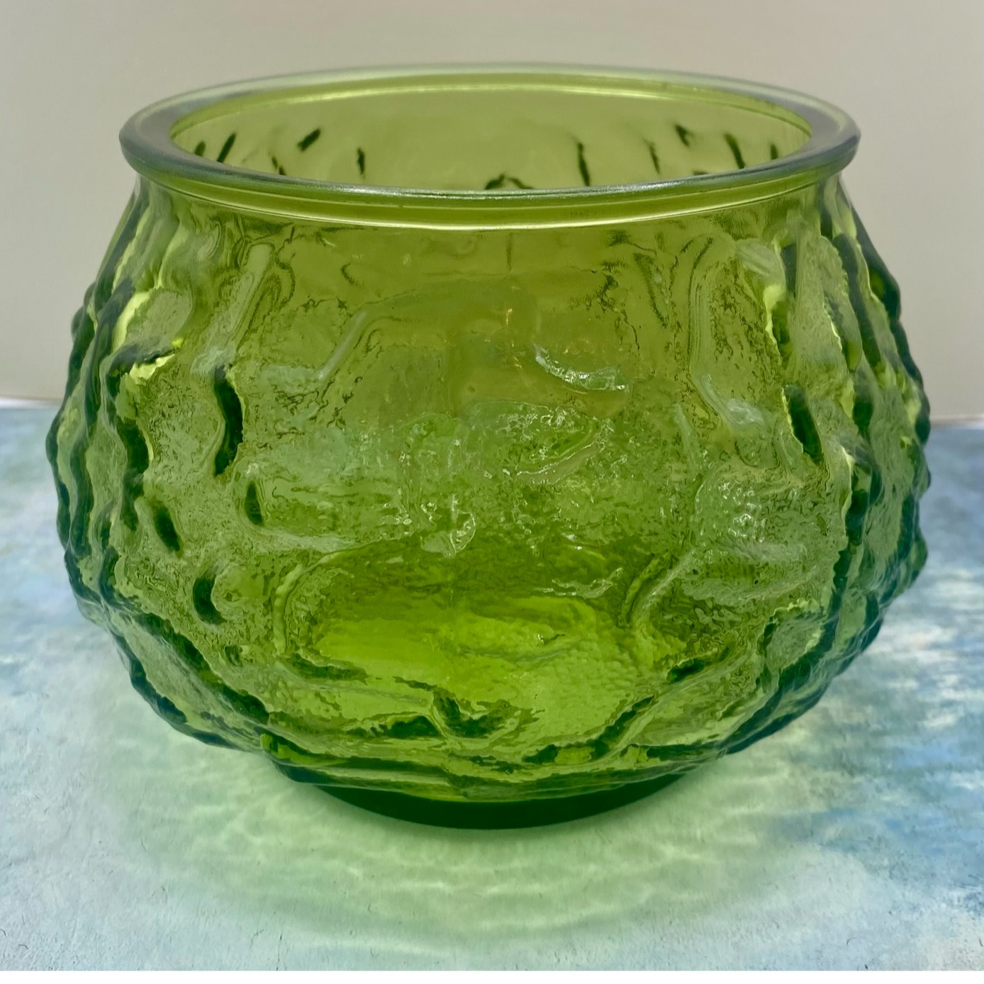 722. Vintage EO Brody Green Textured Glass Bowl Vase