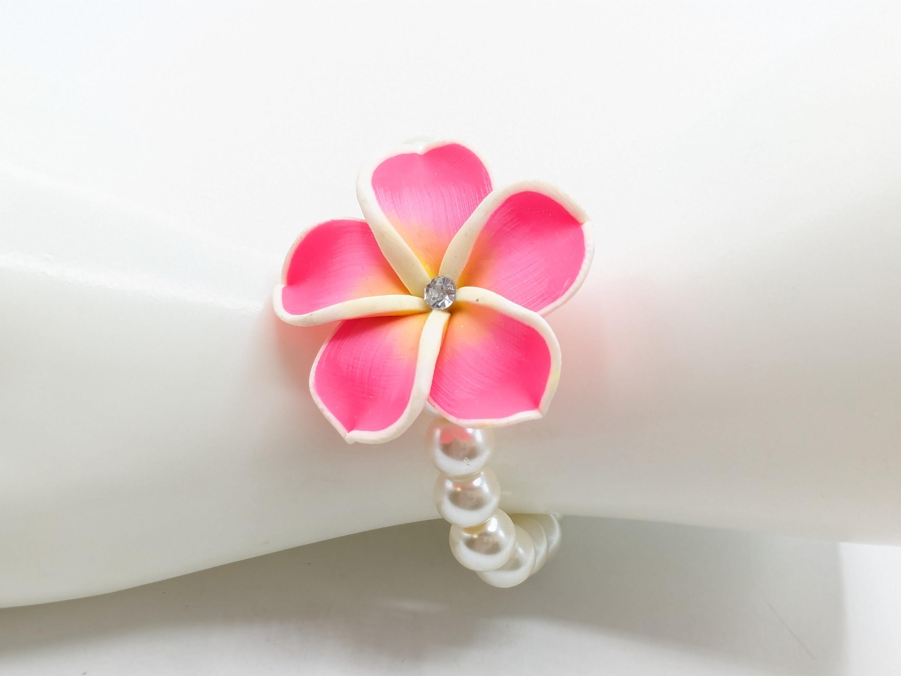 Pink Plumeria Flower Stretch Bracelet Glass Pearls with Rhinestone Center