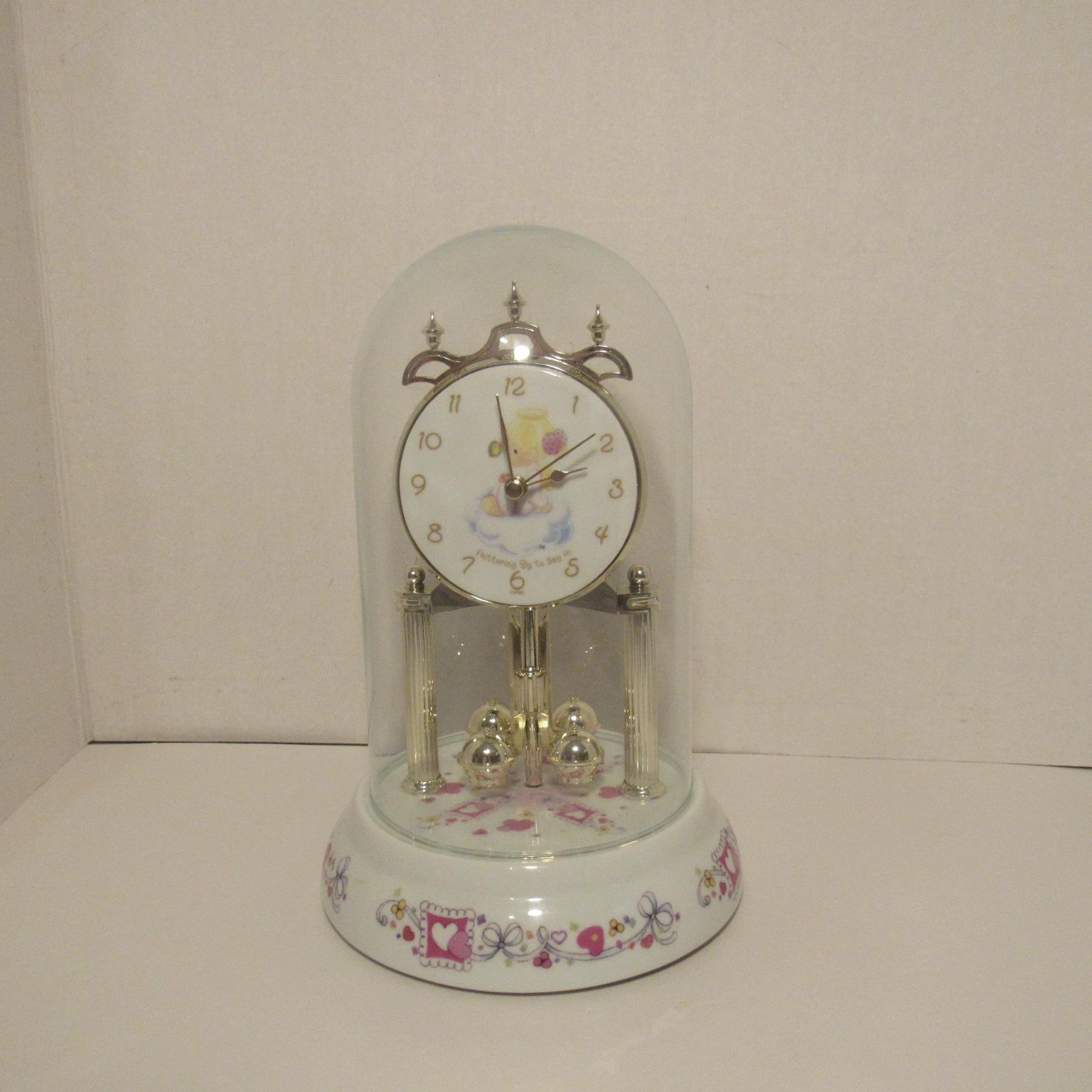 Precious Moments Dome Mantel White-Pink Clock w/Rotating Gold Pendulum