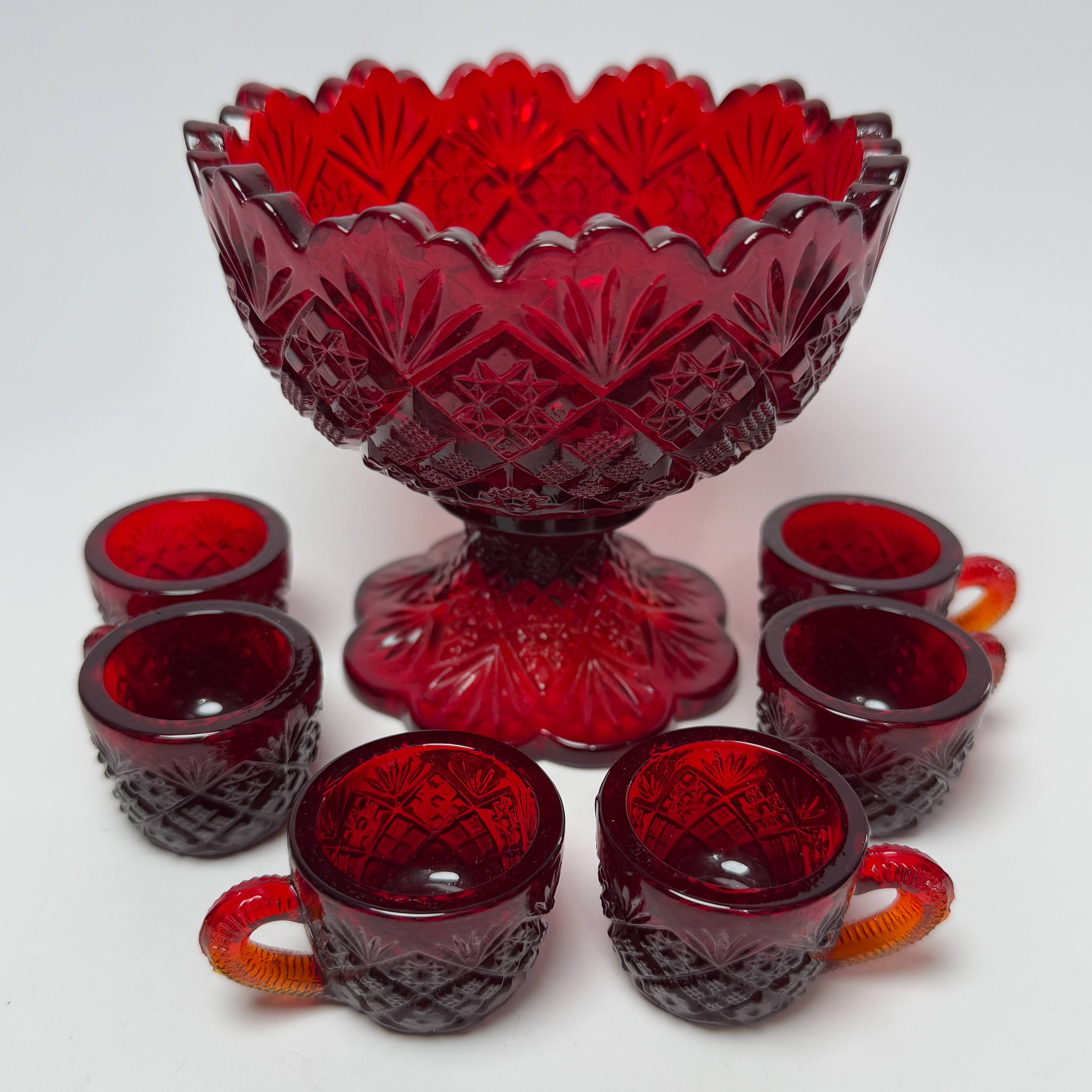Vintage Westmoreland Ruby Red Mini Punch Bowl 6 Cups Hooks Thumbelina ...