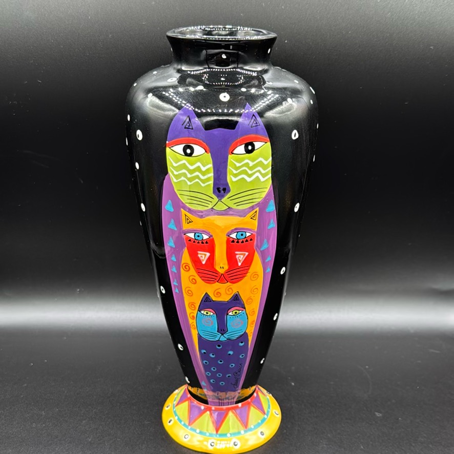Laurel Burch Hand Painted Totem Pole Cat Vase Signed 11” Small Bite On ...