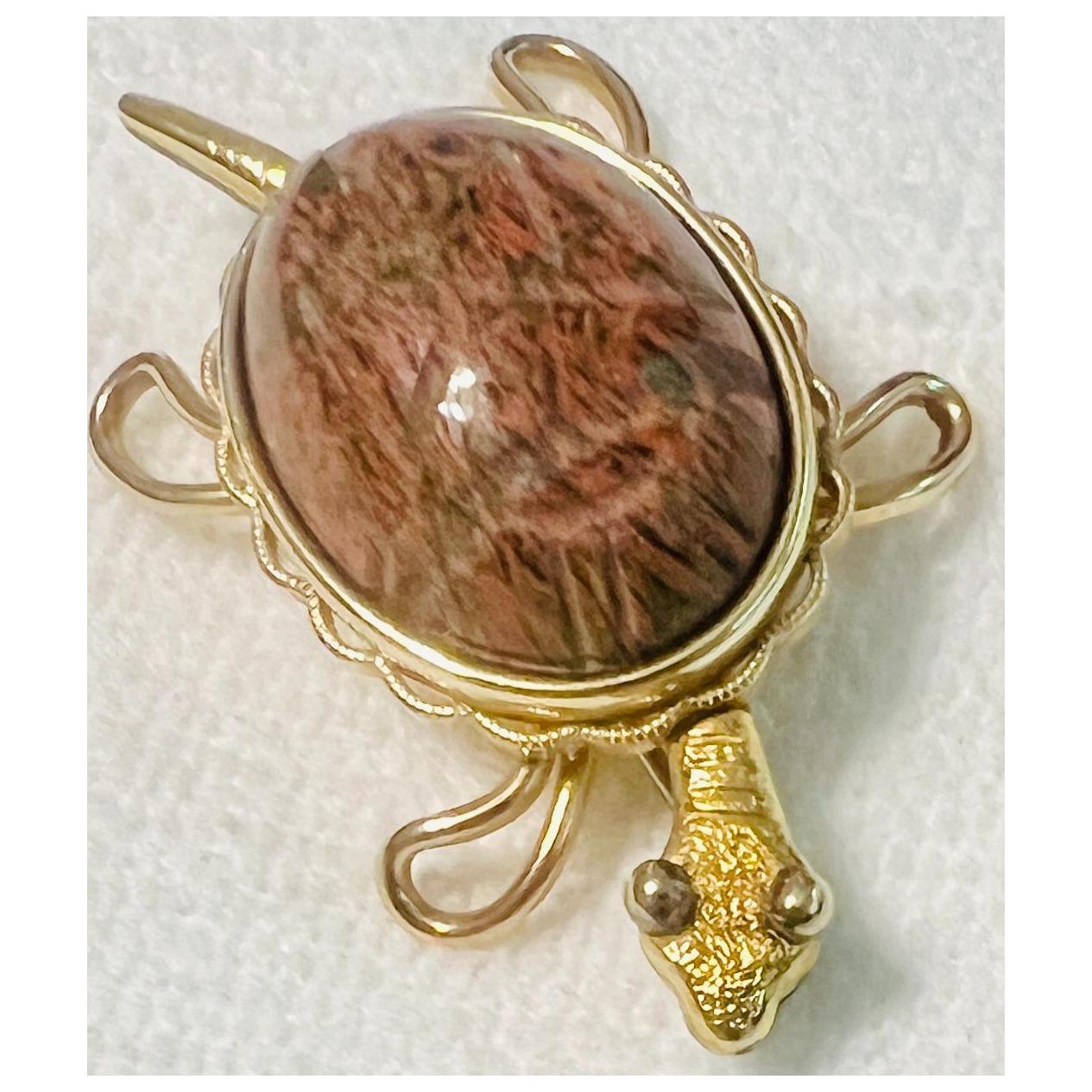 Vtg Krementz Gold-tone Turtle Brooch Pin Carved Brown Unakite Scarab 1.5"