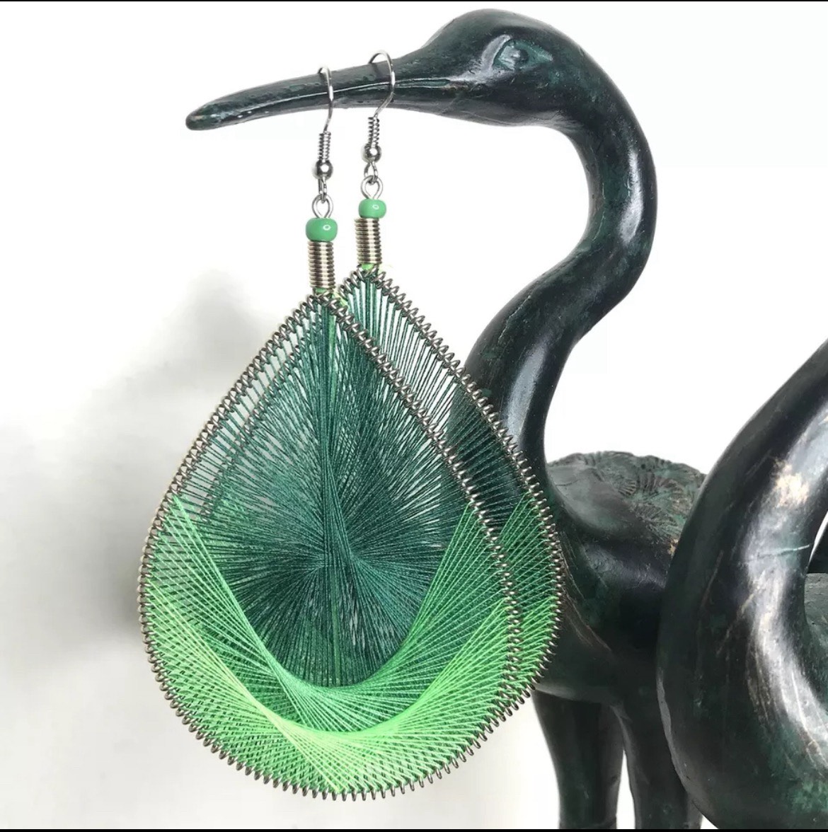 70s String Art Earrings Peruvian Thread Art Colorful Boho Festival 3.5" NEW