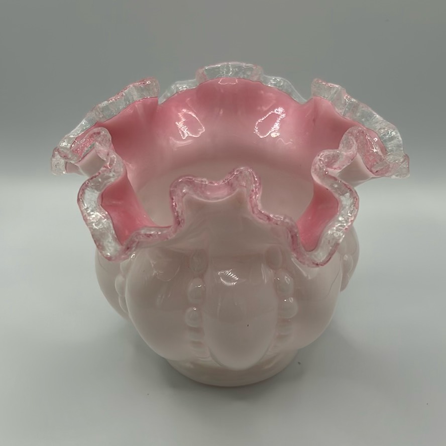 Fenton, pink Milk glass vase, beaded melon crest rim