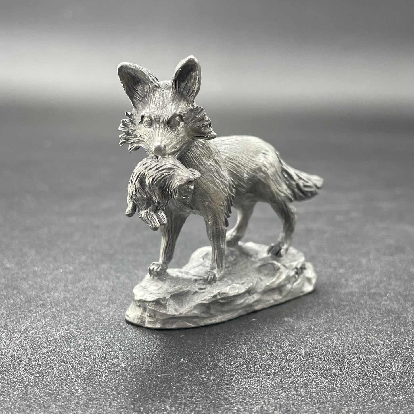 Miniature Pewter Metal Bouvier Donahue Fox with Prey Figurine Signed