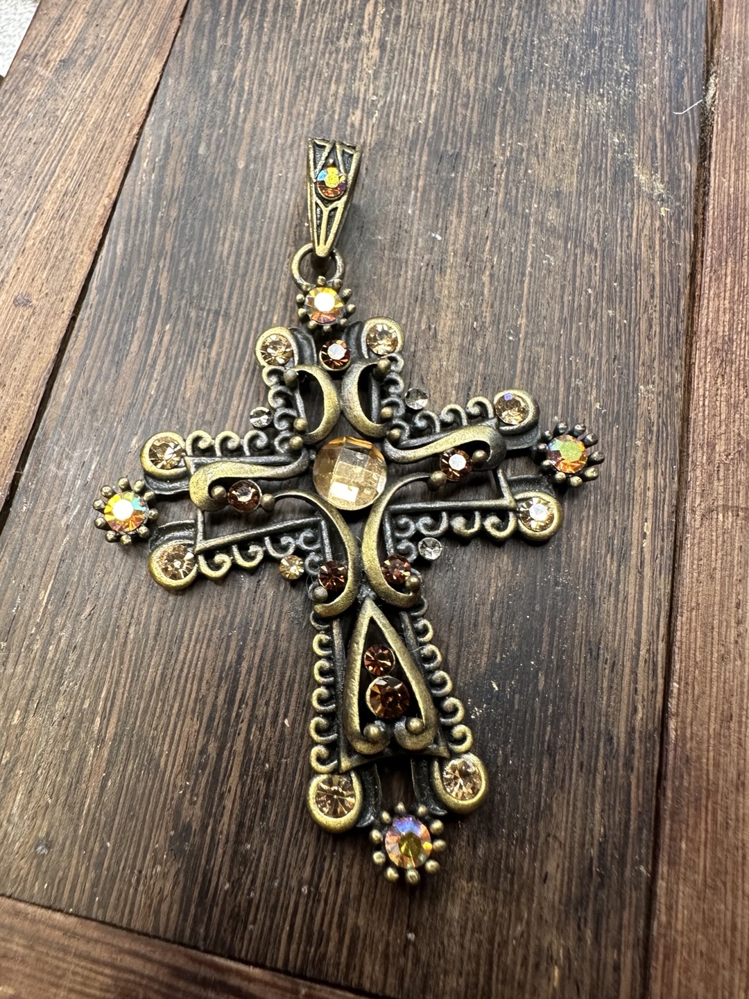 Large Amber Aurora Borealis Rhinestone Aged Gold Tone Cross Pendant 4”