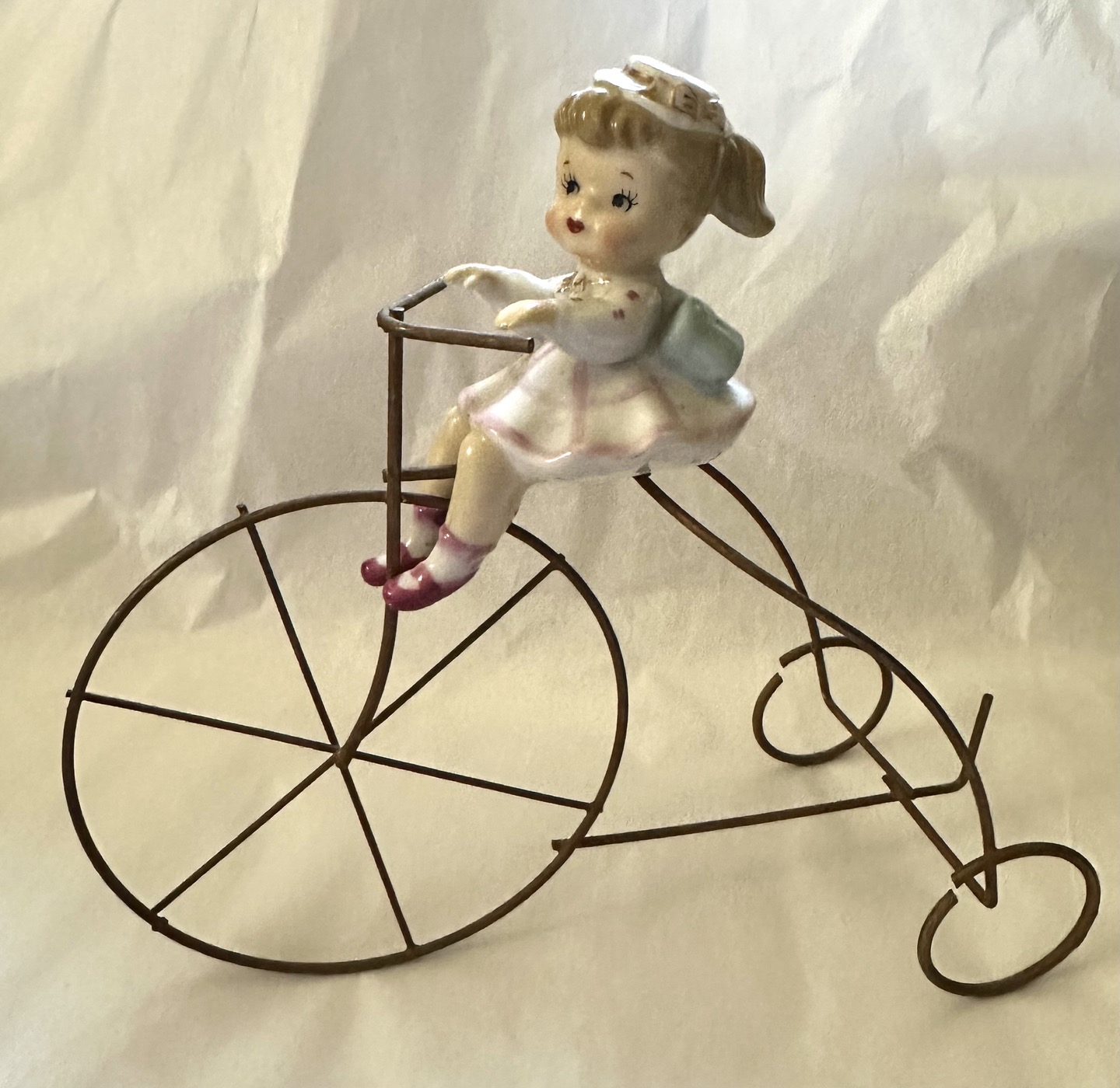 Vintage Lefton Porcelain Girl On Bike Planter