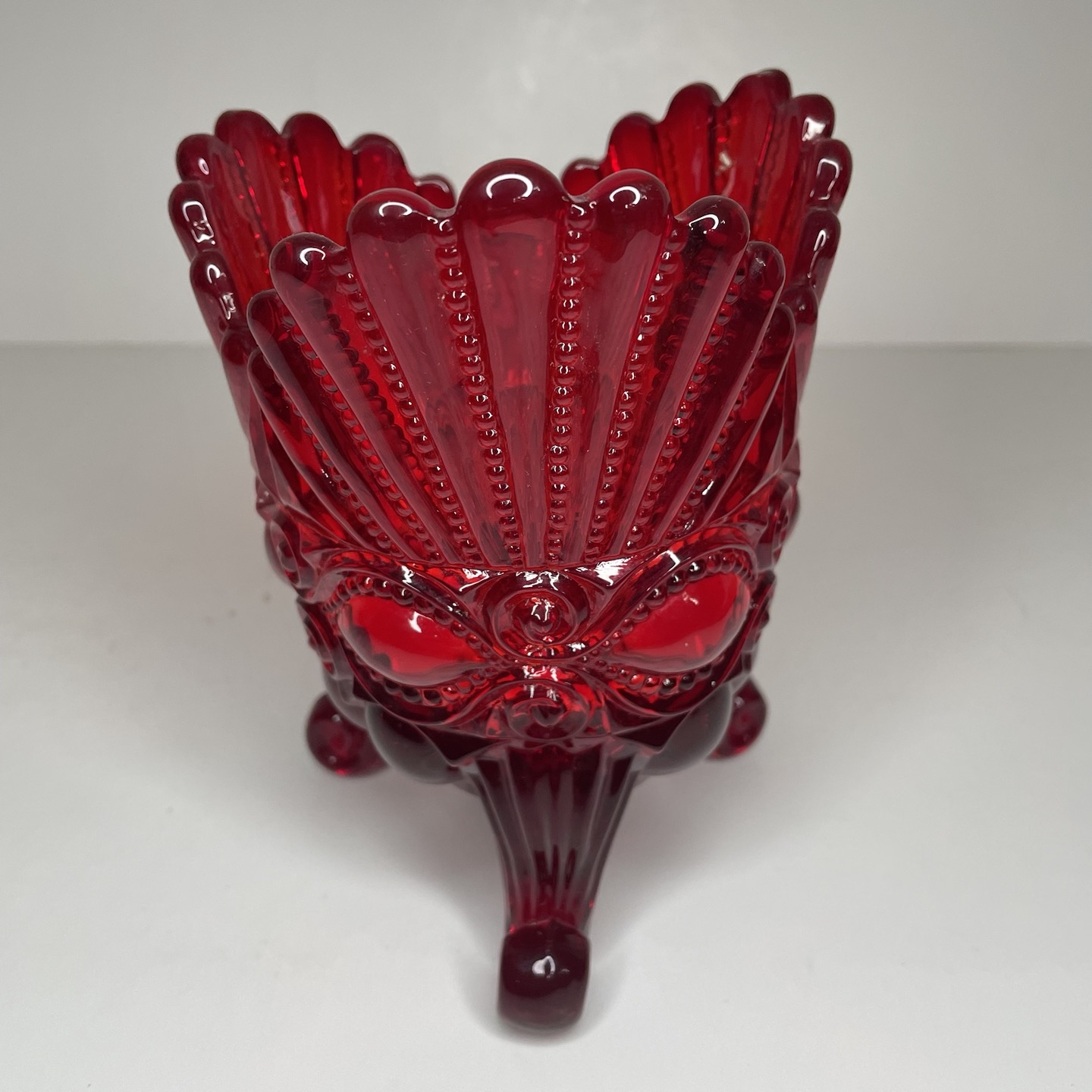 Vintage Mosser Glass Red Ruby Eye Winker 3 Footed Open Spooner Vase 6"