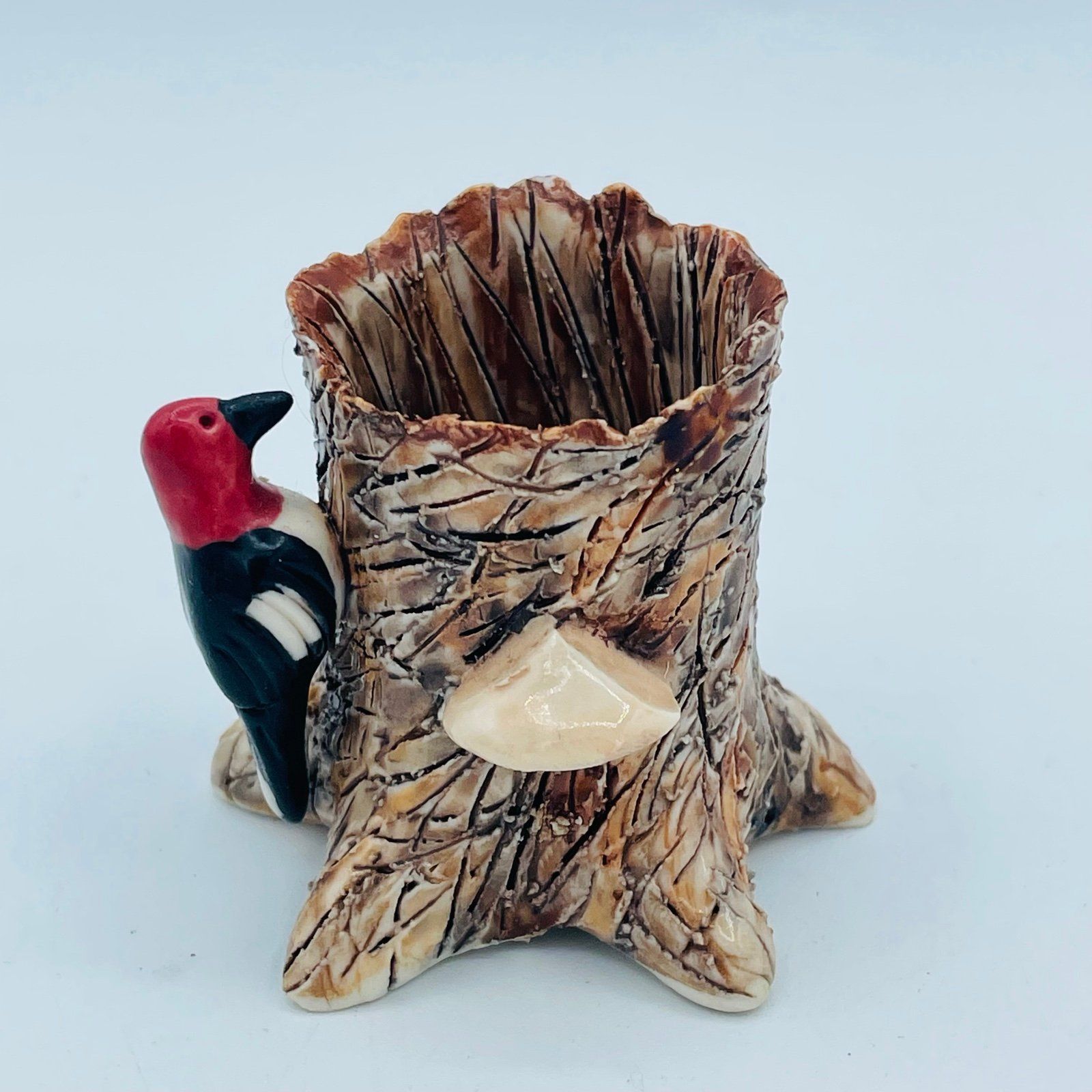 Signed Hand Crafted Pottery Tree Stump w/ Woodpecker Mushroom Toothpick ...
