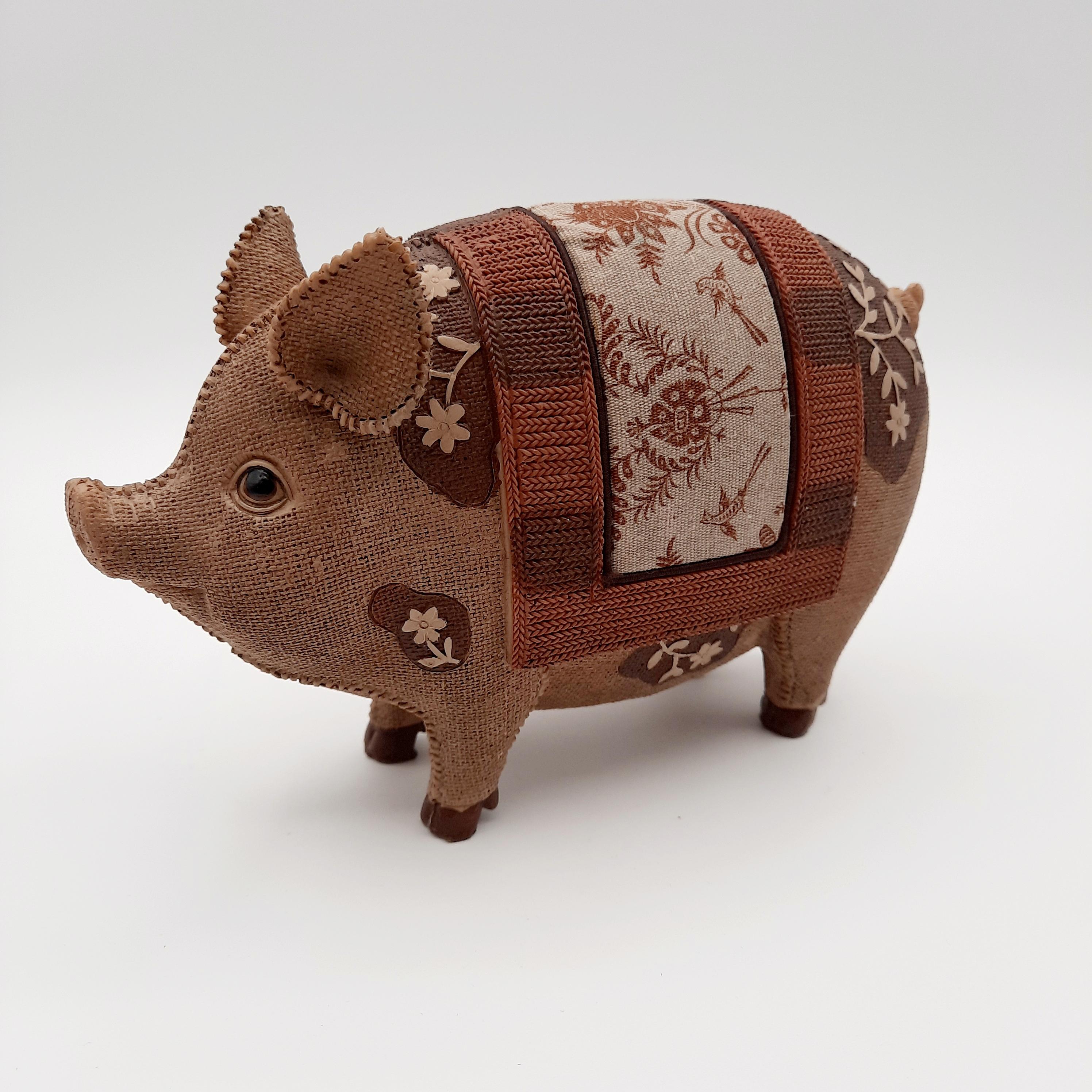 Pig Figurine Tapestry Floral Burlap Design On Resin
