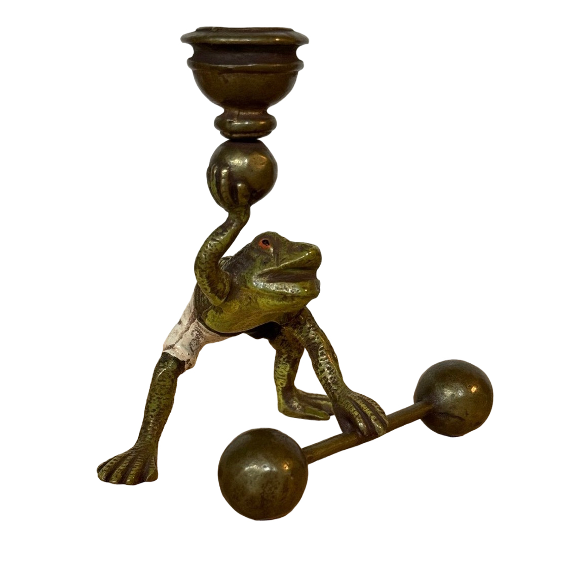 Antique Franz Bergmann Austrian Cold Painted Bronze Frog Barbell Candlestick