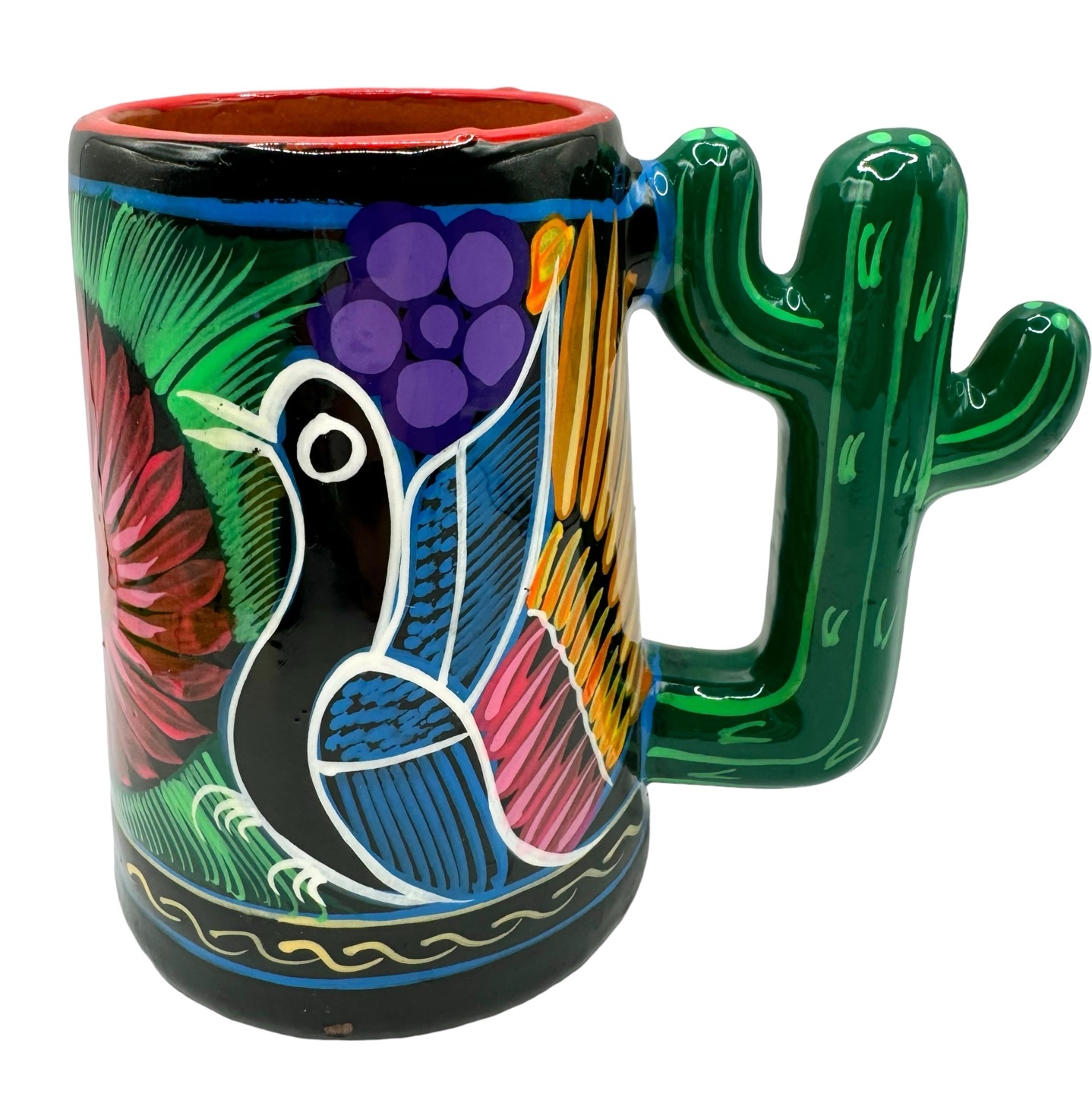 Hand Painted Pottery Michelada Beer Mug Mexico Cactus Handle Bird Floral