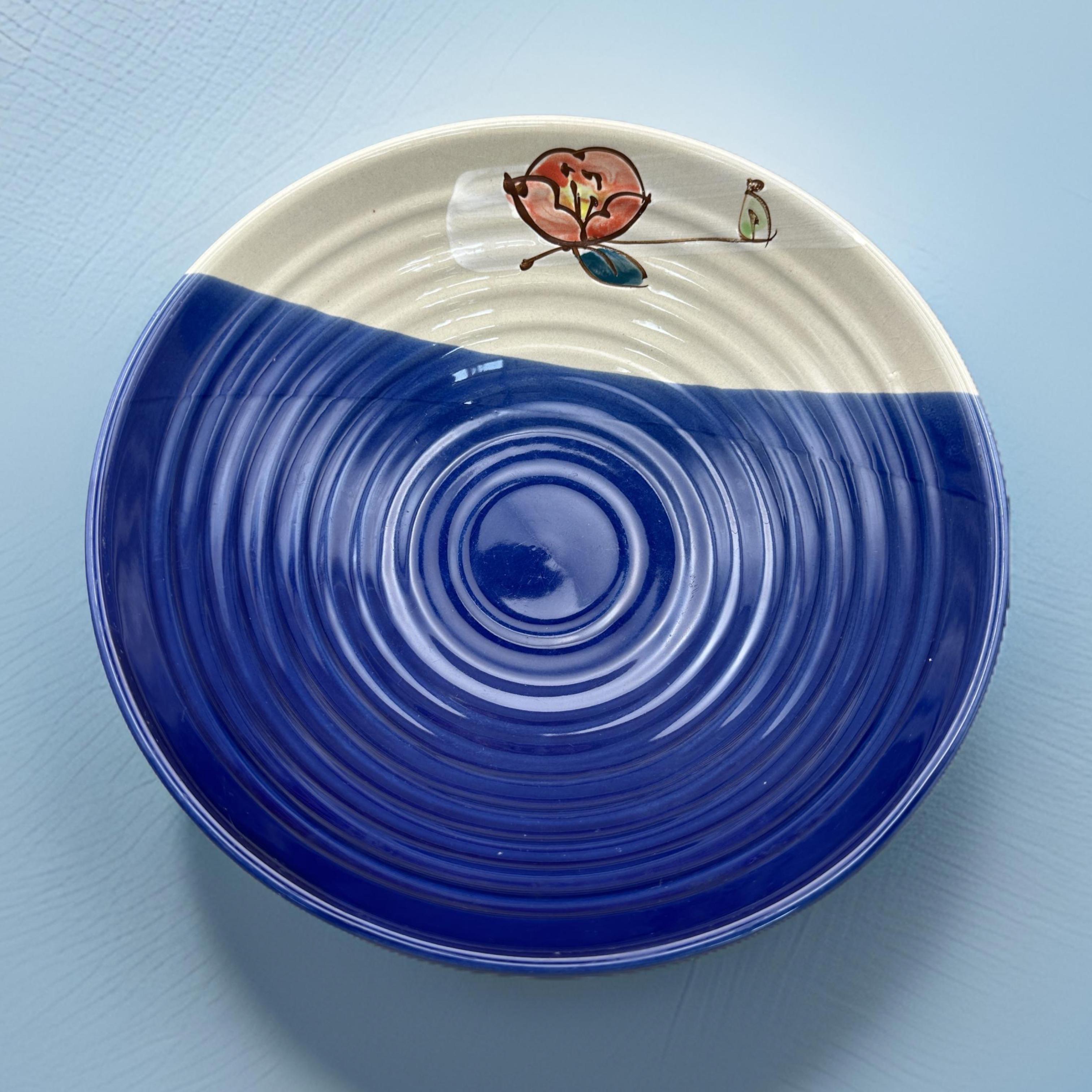 WCL Pottery 1970s 10" Blue Cream Bowl with Lotus signed