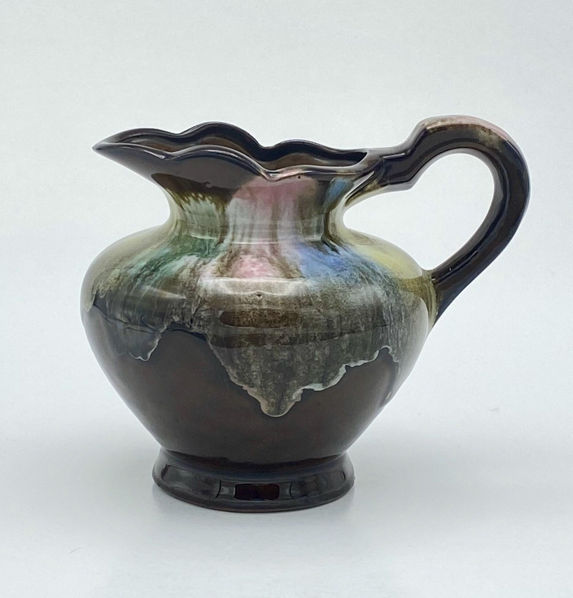 Vintage Redware Pottery Creamer With Rainbow Drip Glaze and Ruffled Rim ...