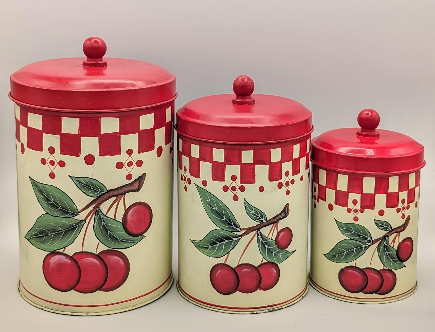 Vintage Hand Painted Folk Art Cherry Themed Metal Canister Set Artist ...