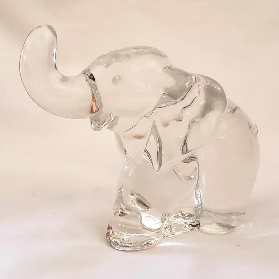 Art Glass Elephant Figurine MOSSER Paperweight Clear Glass Trunk Up 3" tall