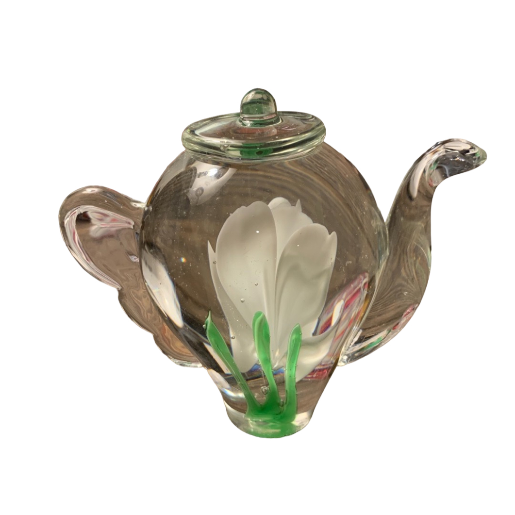 Glass Teapot Paperweight with Flower