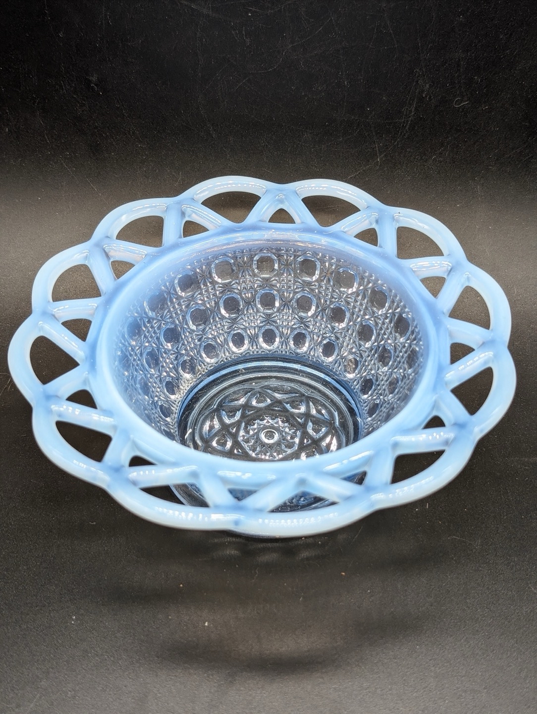 Imperial Glass Open Lace Edge Button & Sugar Cane Katy Blue Opalescent Bowl