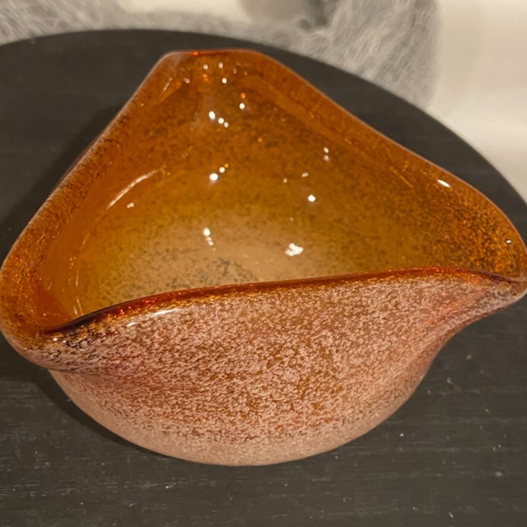 Art Glass Trifold Triangle Trinket Dish Orange White Speckles Hand Blown