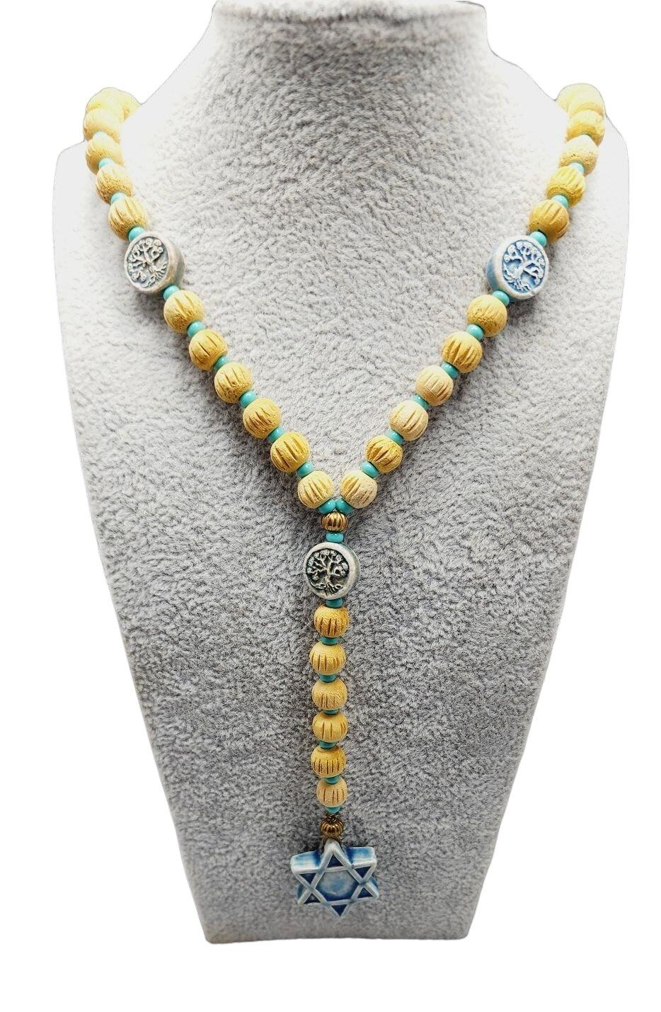 Signed NOS Bee Charming Wood Porcelain Jewish Star Tree of Life Lariat ...