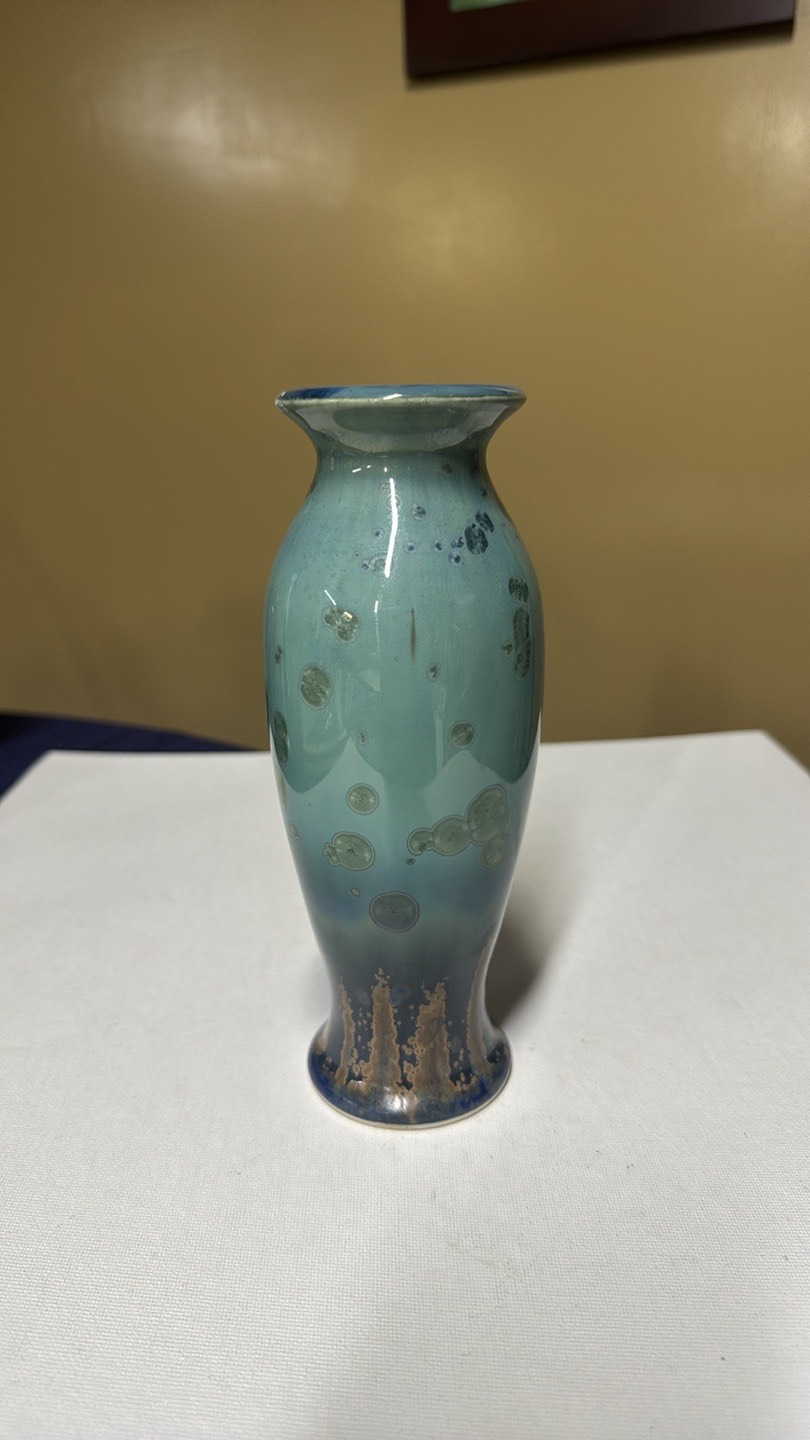 Bill Campbell art pottery crystalline flambeaux bud vase 7.5” tall