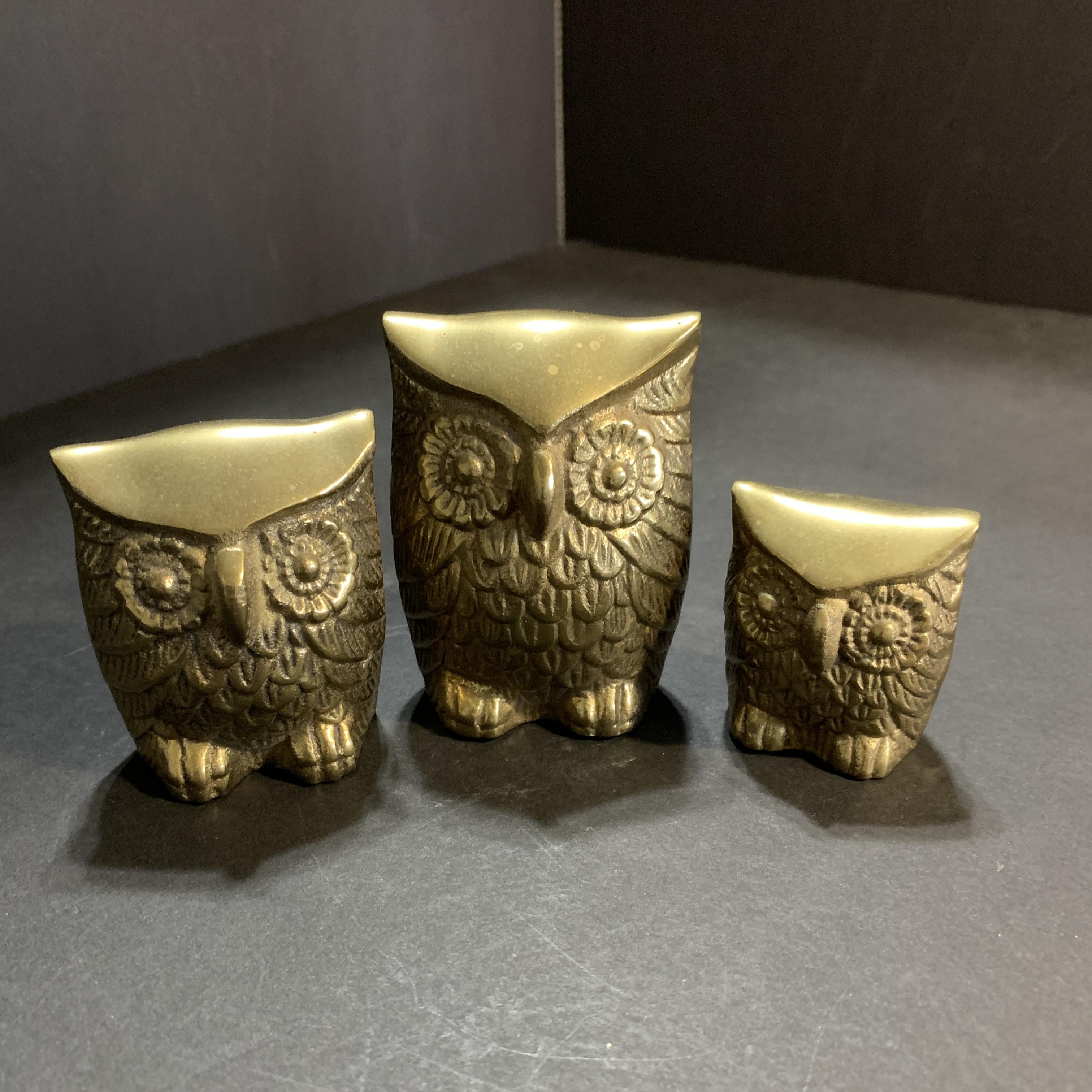 Trio of Solid Brass Owls