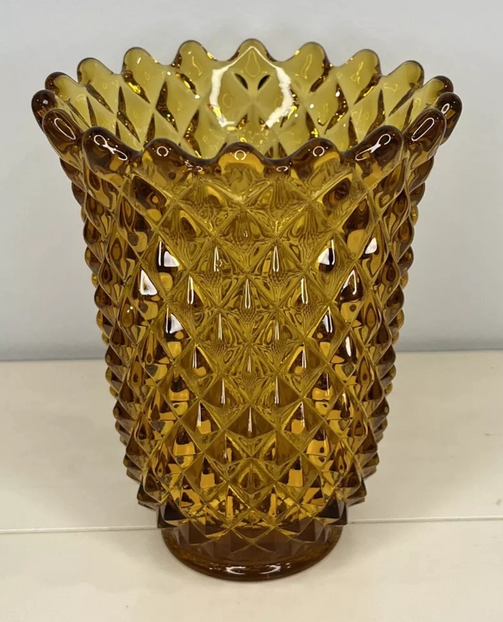 Vintage Imperial Amber Glass Cut Diamond Pattern Vase Heavy Glass 5.5"