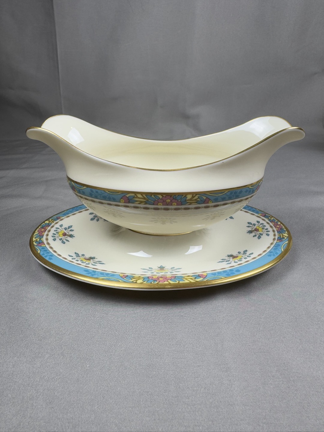 Vintage Lenox Blue Tree Gold Trim Gravy Boat With Attached Underplate