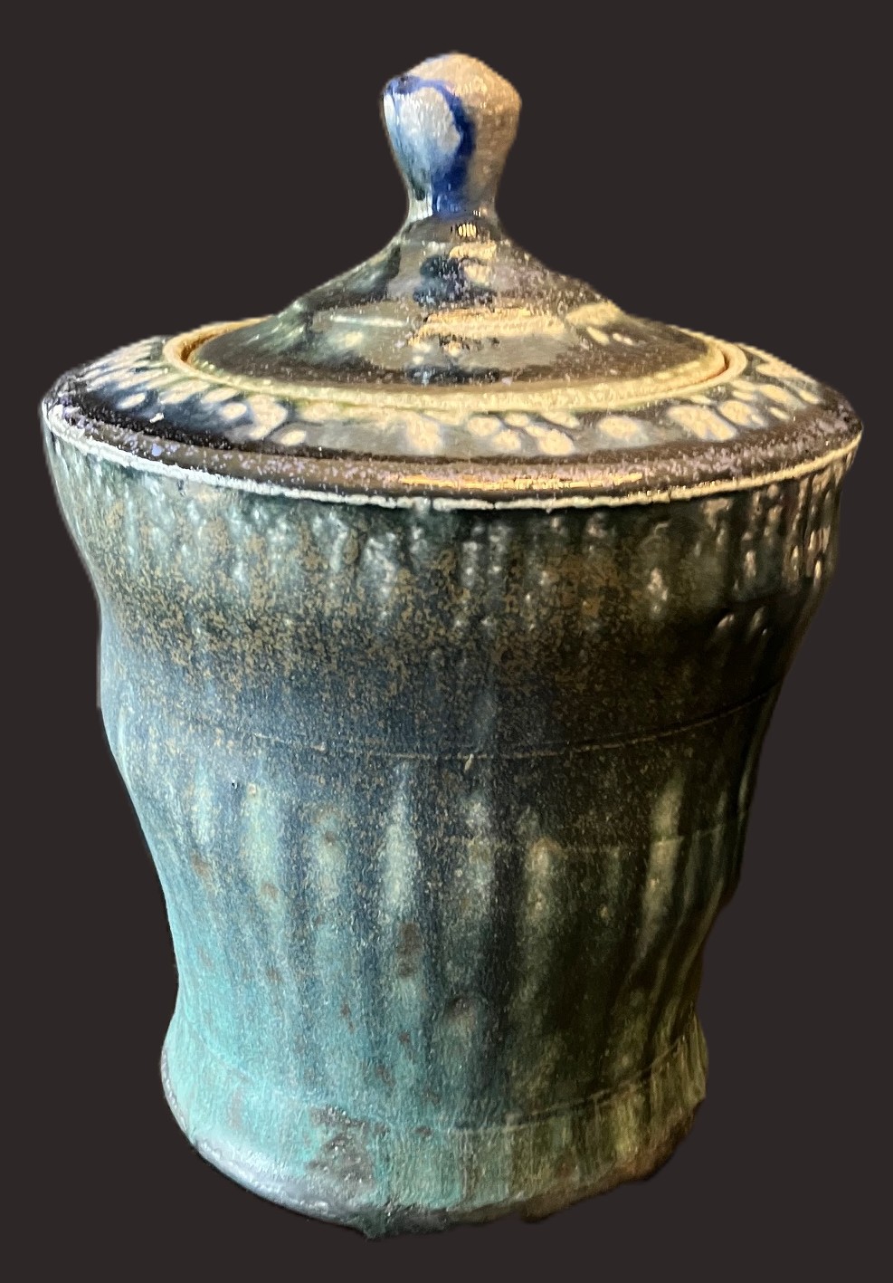 Studio Pottery Blue Green Glazed Vessel Container with Lid