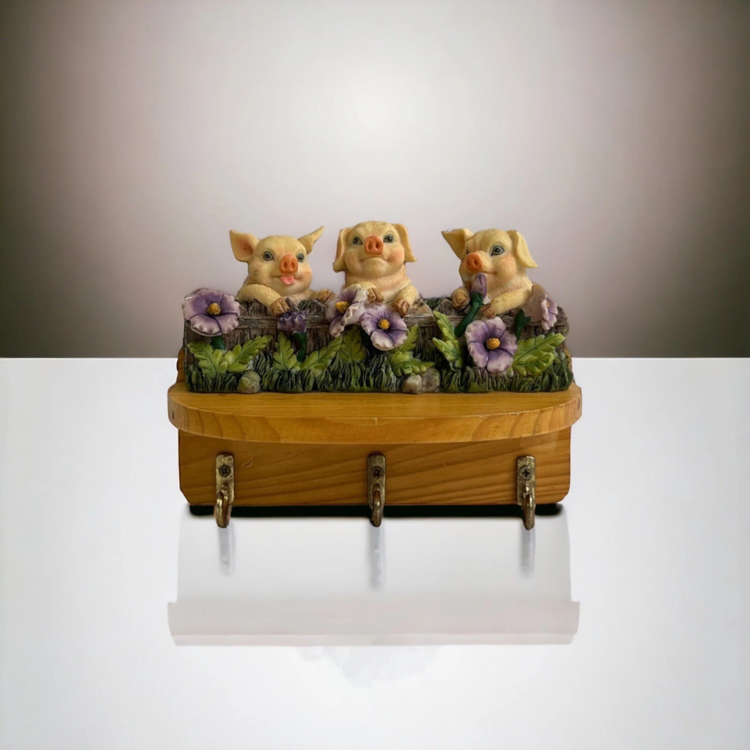 Vintage Three Little Pigs Wall Hook Rack | Resin & Wood Key Holder ...