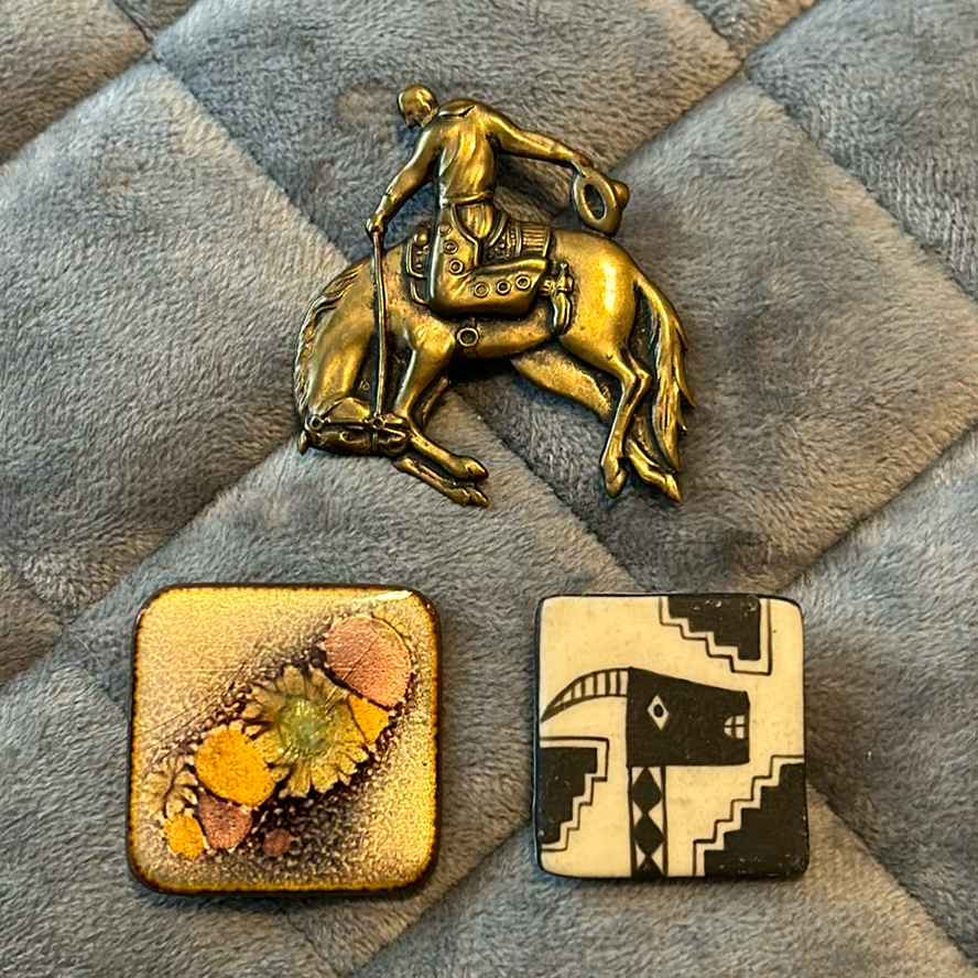 Set Of 3 Vintage Brooches - Enamel, Cowboy, Goat