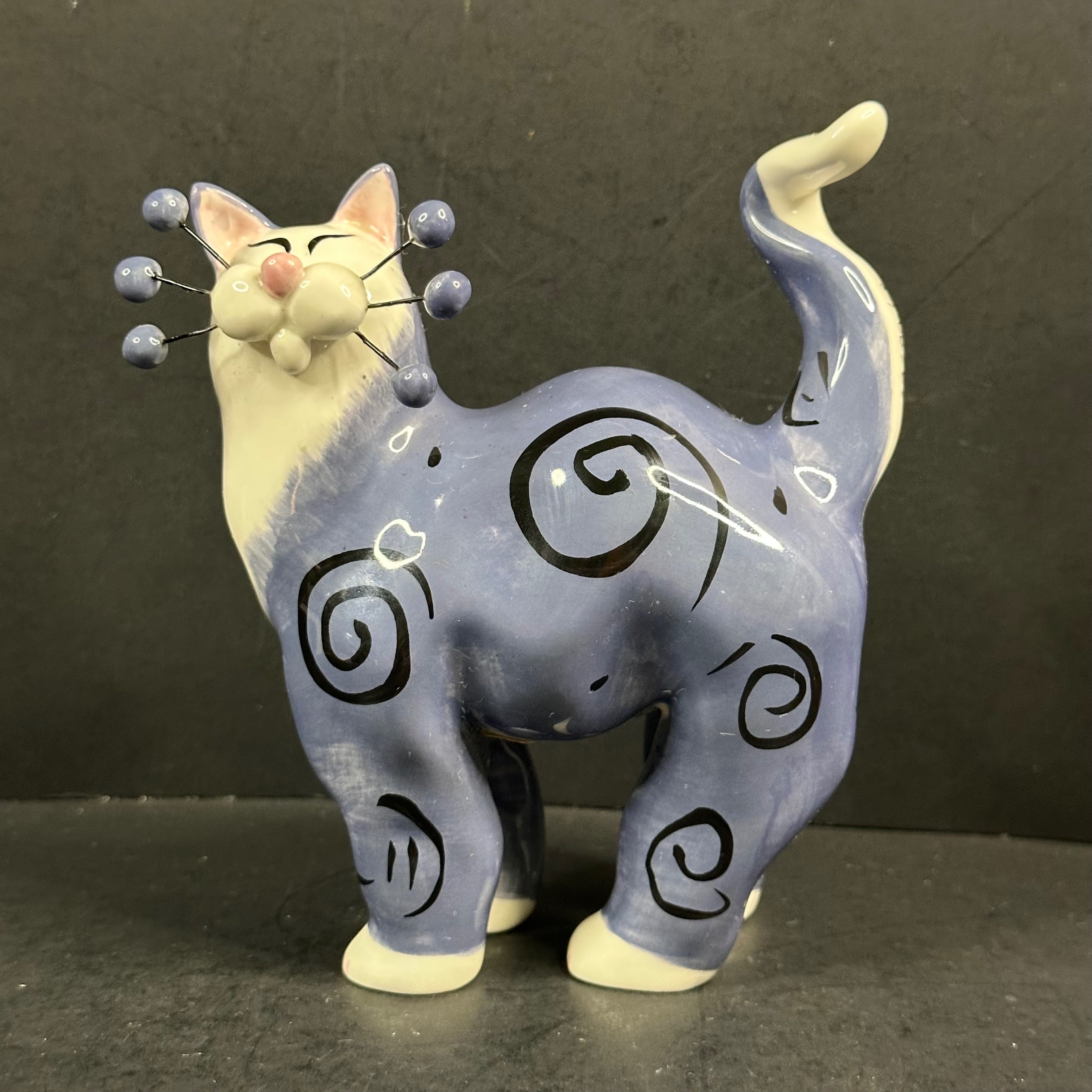 2003 Signed Amy Lacombe Cat Figurine, Grey with Black Swirls, Annaco ...