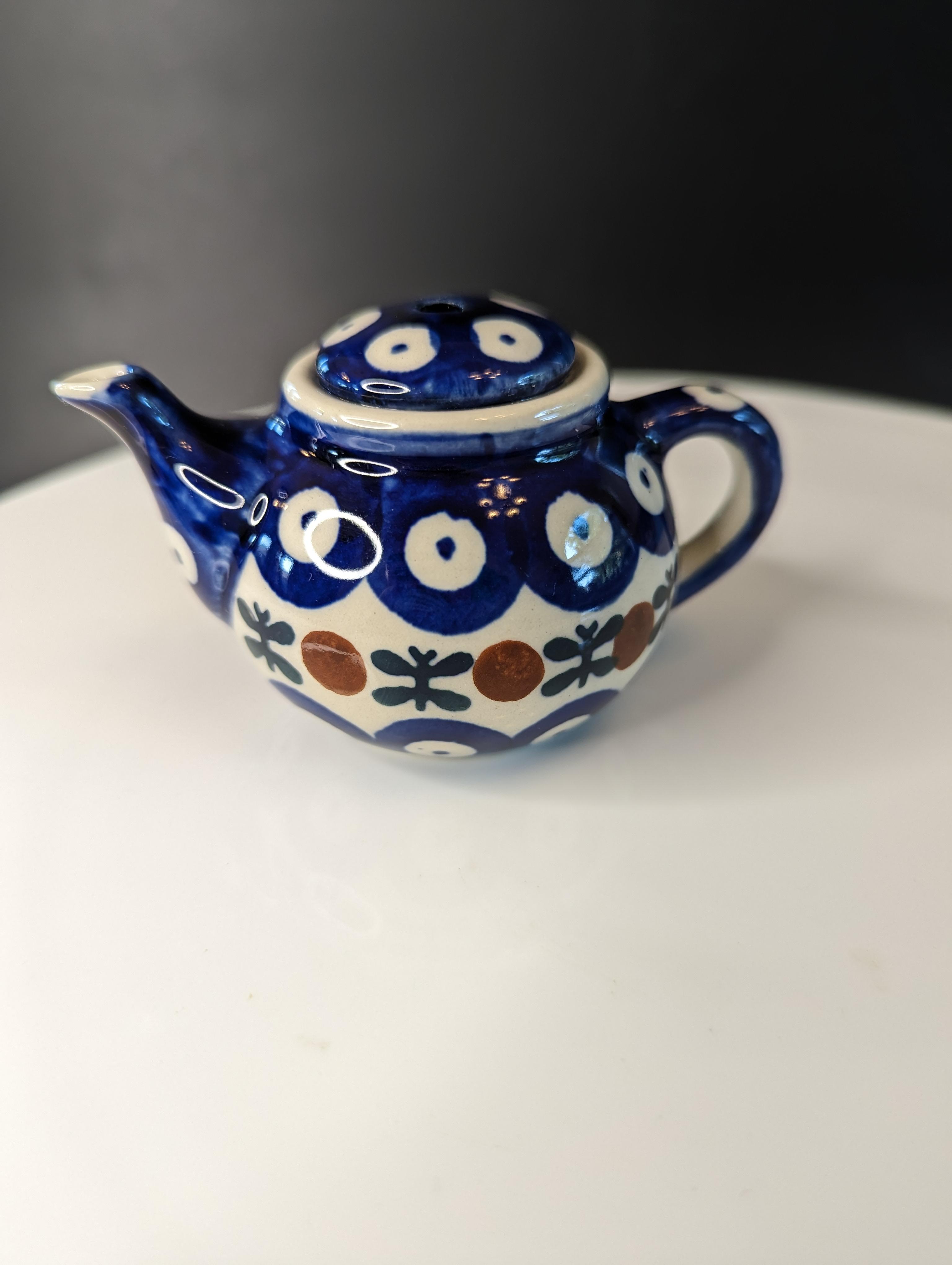 Vintage Polish Pottery Mini Teapot, Blue Floral Design
