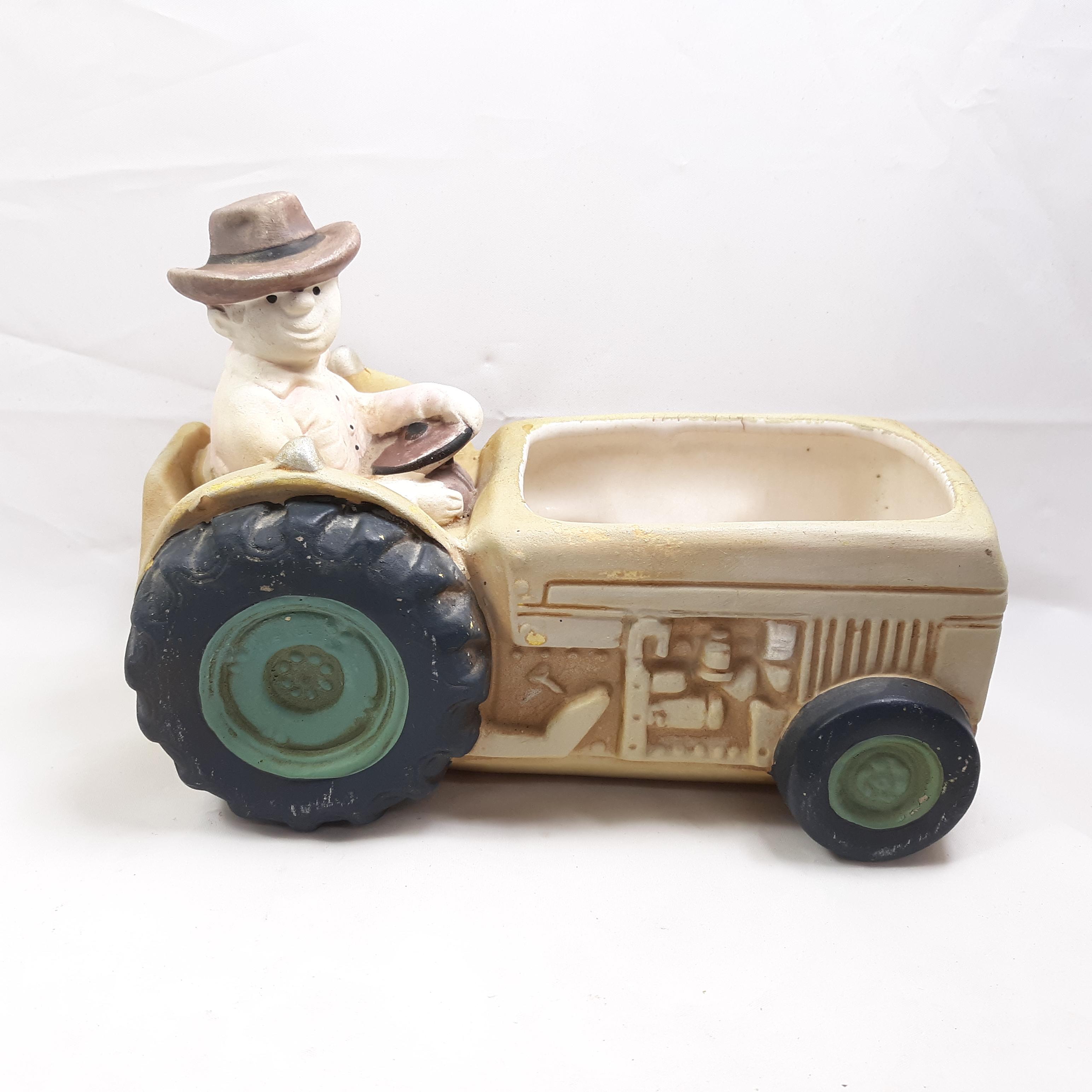 Vintage Napcoware Tractor Ceramic Decorative Planter-Green Yellow