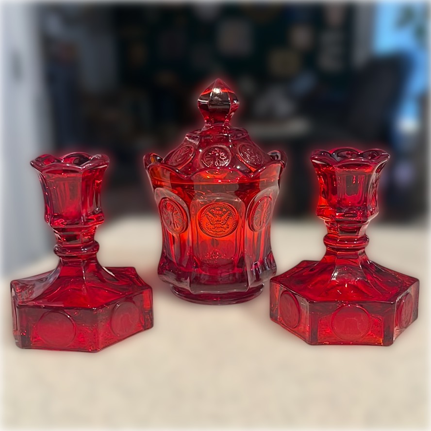 3 Piece Set Of Vintage Fostoria Red Ruby Coin Dot Covered Candy Dish ...