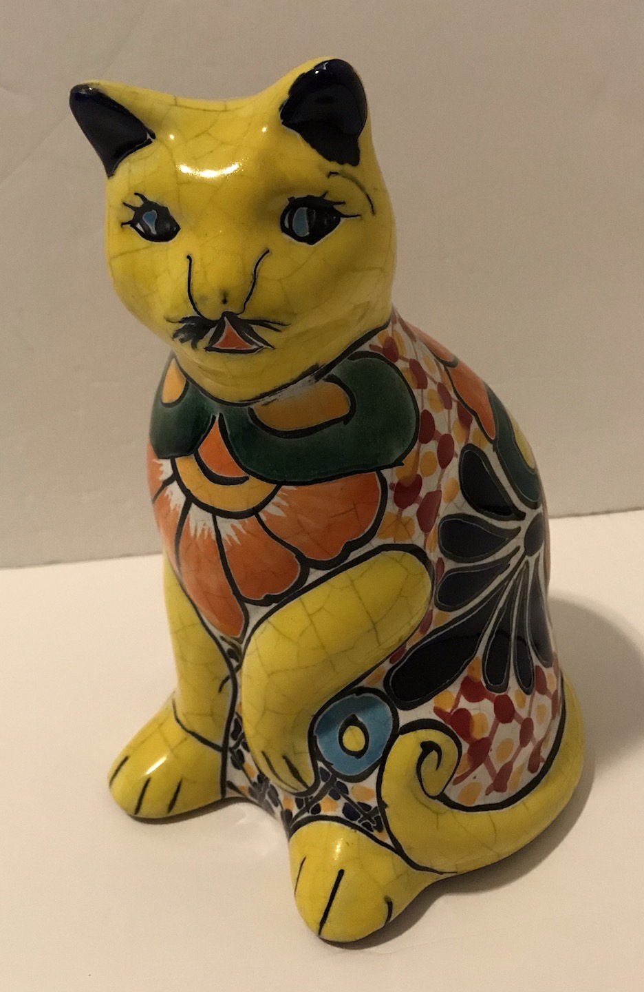Talavera Art Mexican Handpainted Cat Statue Pottery