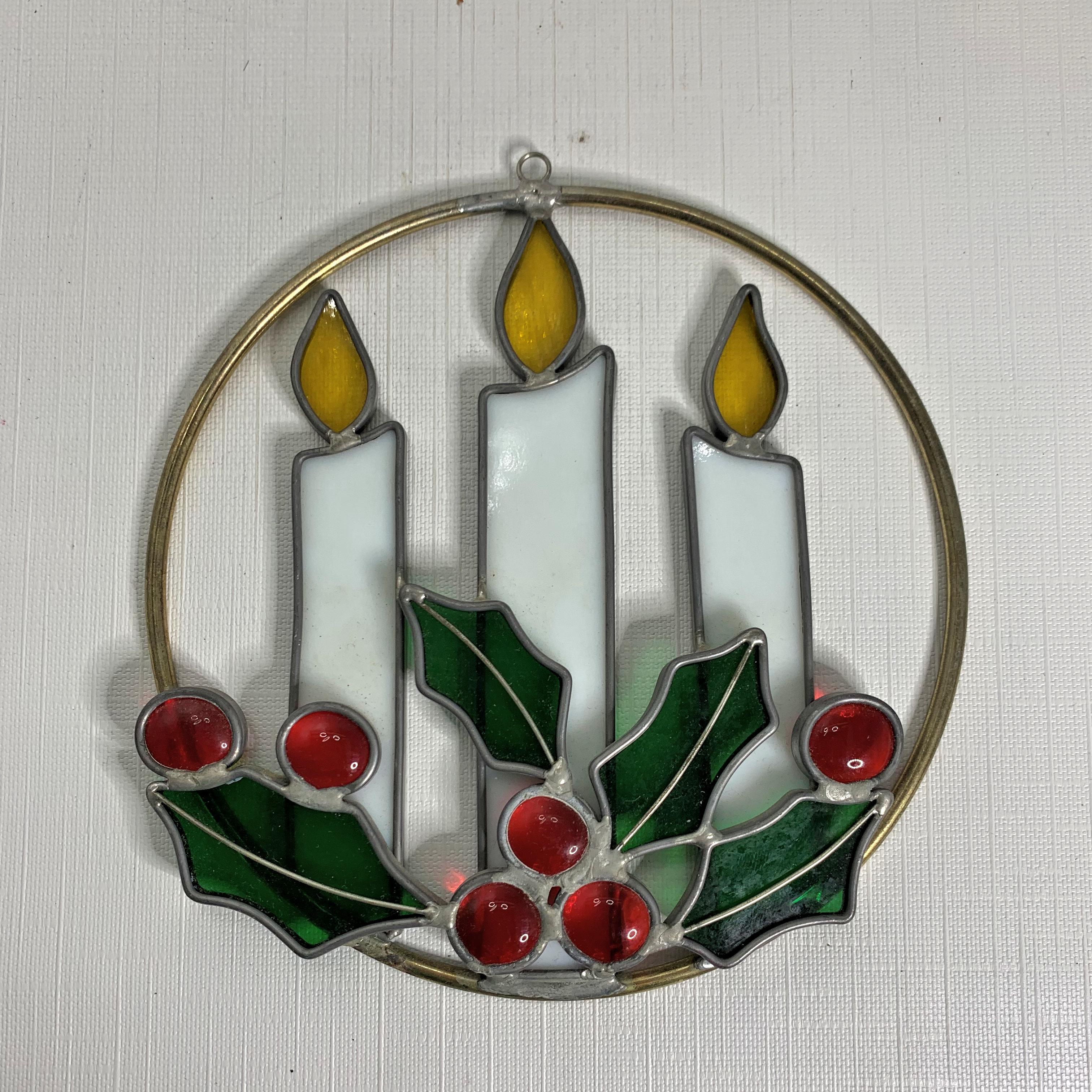 Stained Glass Leaded Christmas Wreath Hanging Holiday Sun Catcher Vintage
