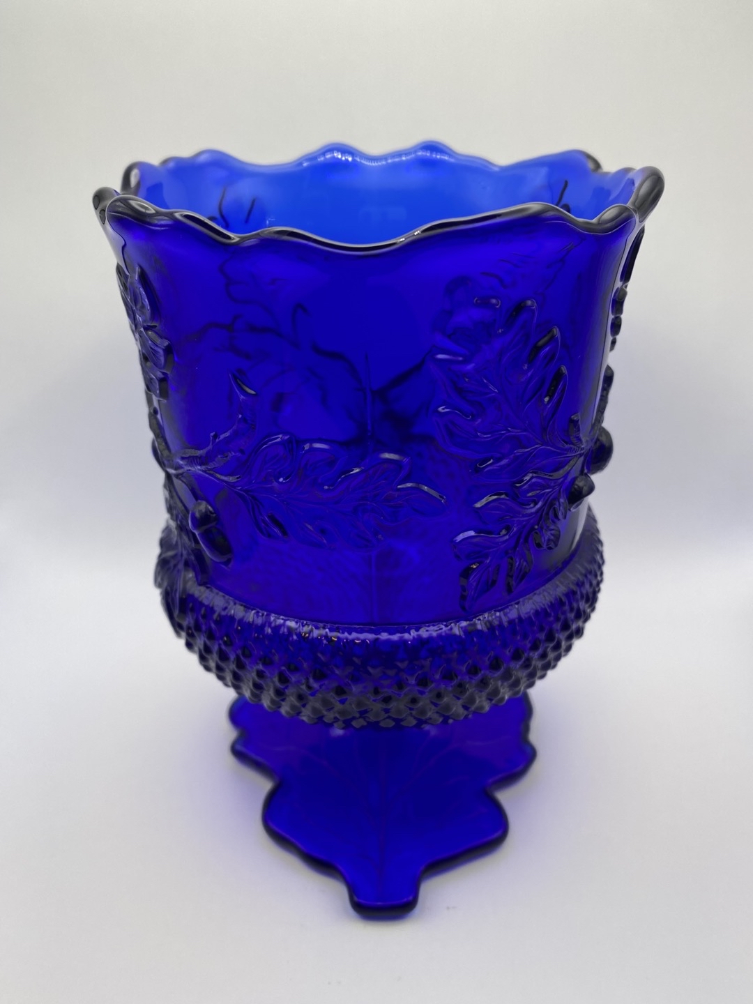 Cobalt Blue Glass Cup/Vase w/Leaf & Acorn Pattern w/Branch Handle